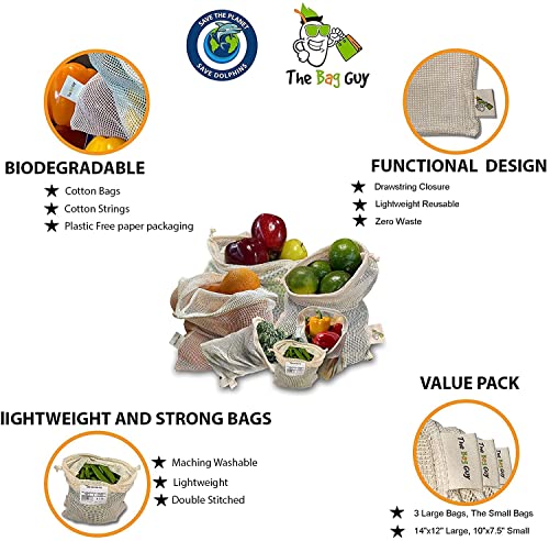 TheBagGuy - Organic Cotton Mesh Bags | Reusable Vegetable Produce Bags | Multipurpose Biodegradable Zero Waste Bag | Washable | Food Safe | Drawstring Closure | Quality Double Stitched (9 Pack)