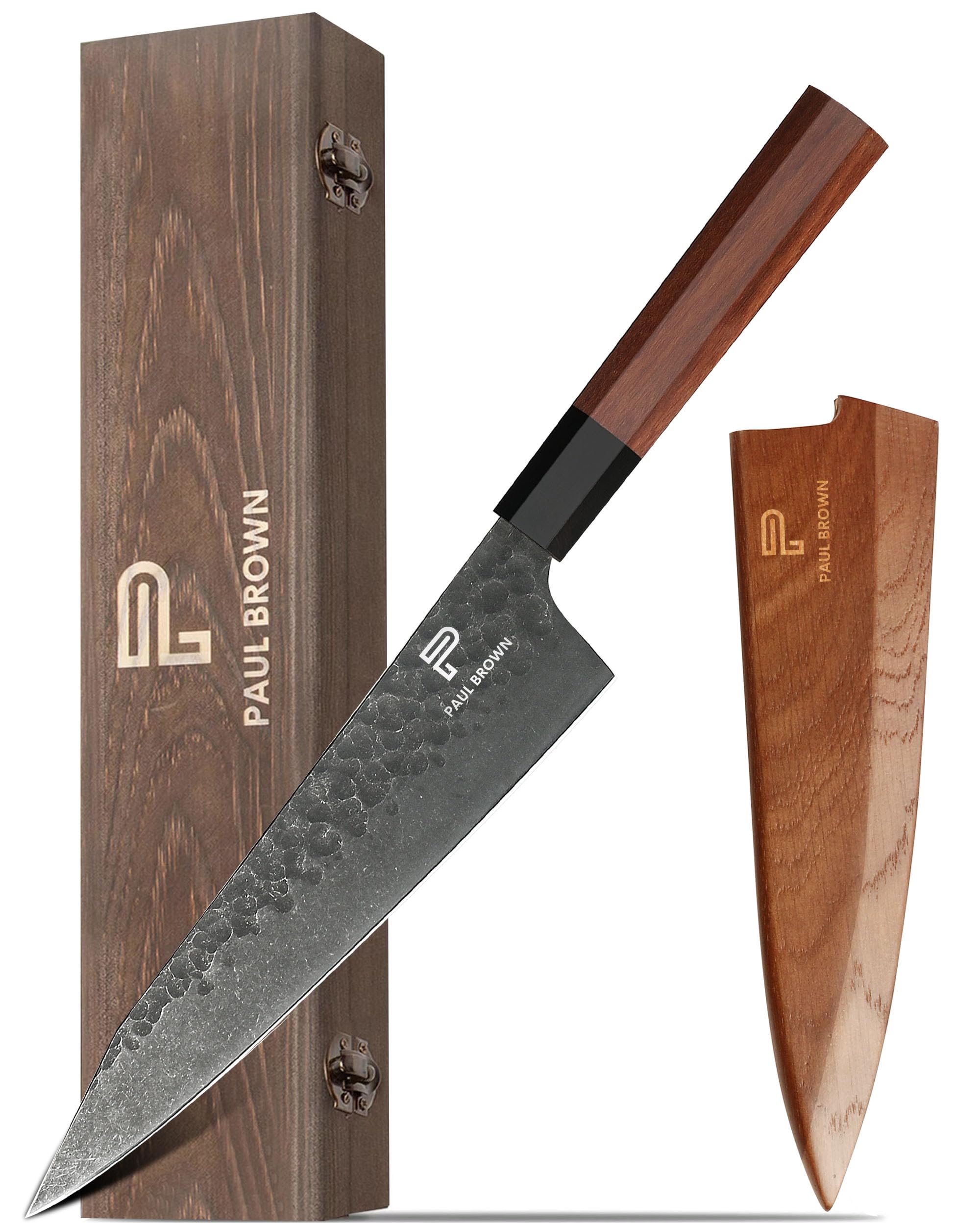 Paul Brown's™ 8 inch 440C High Carbon Stainless Kiritsuke Knife Forged Hammer Pattern with Mahogany Wood Handle and Ashwood Saya
