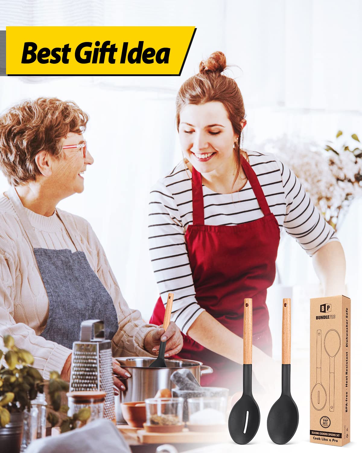 Pack of 2 Large Silicone Cooking Spoons,Non Stick Wooden Solid Spoon,Heat-Resistant Kitchen Utensils with Short Wooden Handle for Mixing,Serving,Draining,Stirring,Basting
