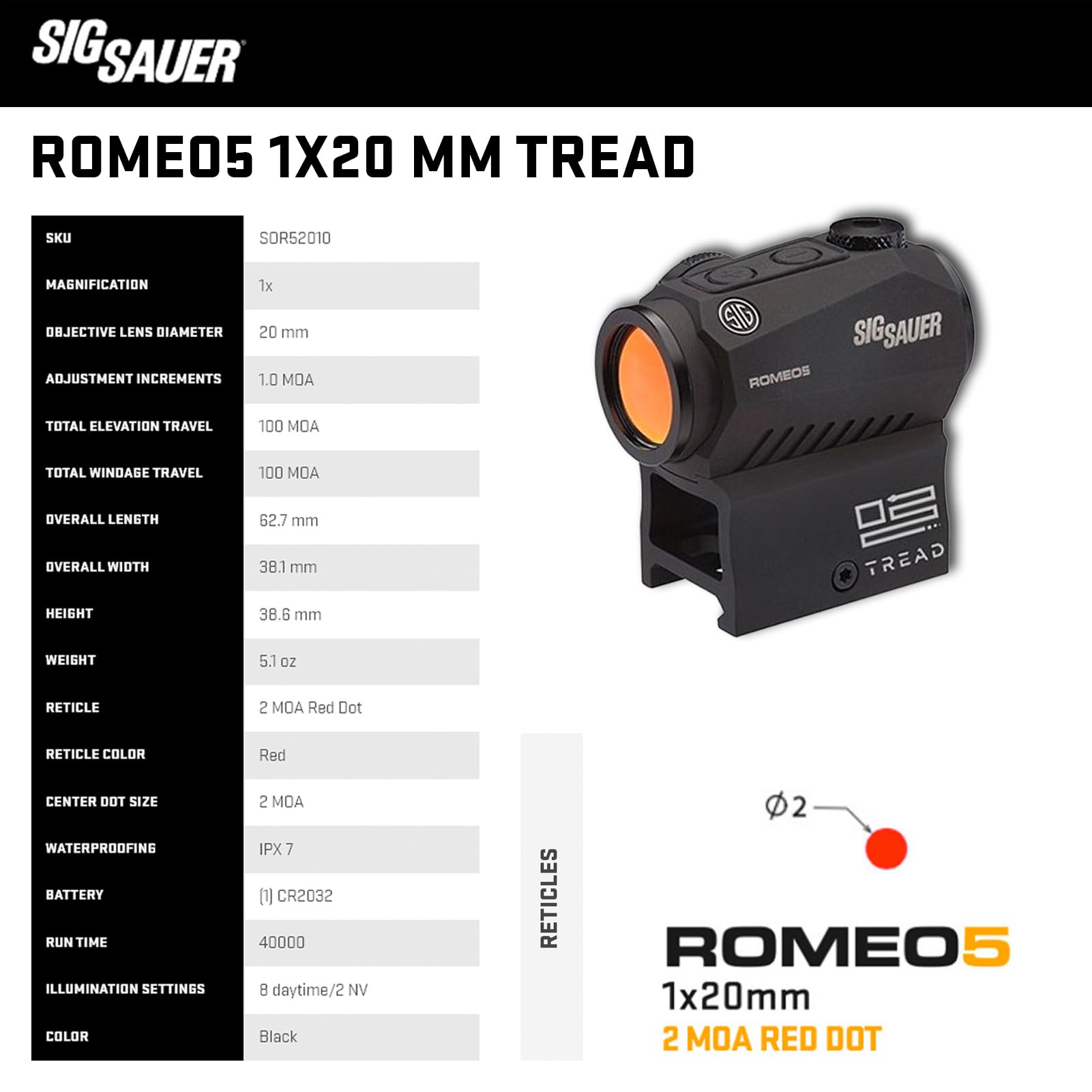 SIG SAUER Romeo5 1x20mm Tread Closed Red Dot Sight | High-Performance Durable Waterproof Fog-Proof Compact 2 MOA Red Dot Sight for SIG M400 Tread