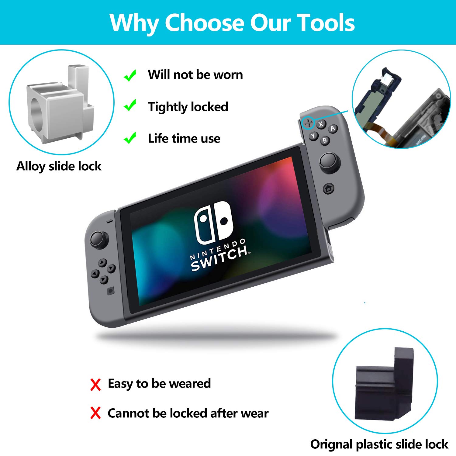 Replacement Latches For Nintendo Switch, Yoelike Metal Lock Buckles Repair Tools Kit for Nintendo Switch NS Joy Con with Screwdrivers (silver)
