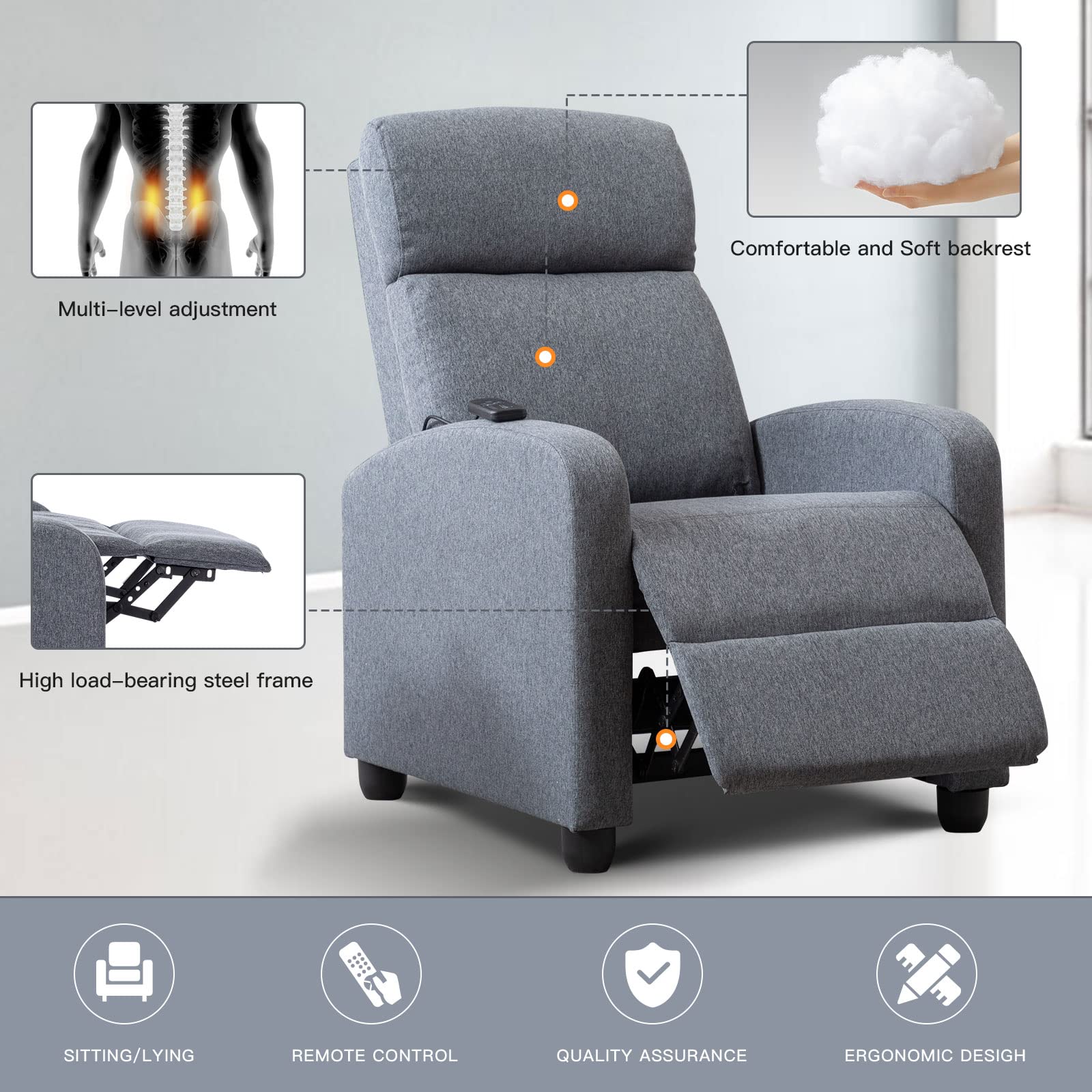 Phoenix Home New Model Massage, Modern Single Sofa Padded Backrest and Thick Seat Cushion, PU Leather Recliner Chair for Living Room, Home Theater, Dark Black