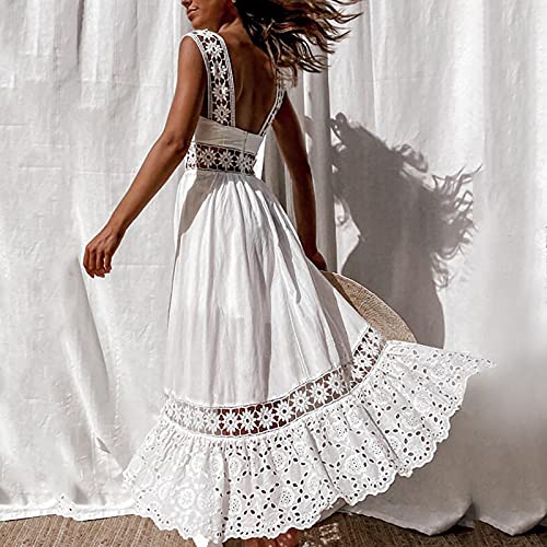 Women Patchwork Lace Hollow Out Tank Dress Sleeveless Ruched Backless High Waisted Ruffle Dress White
