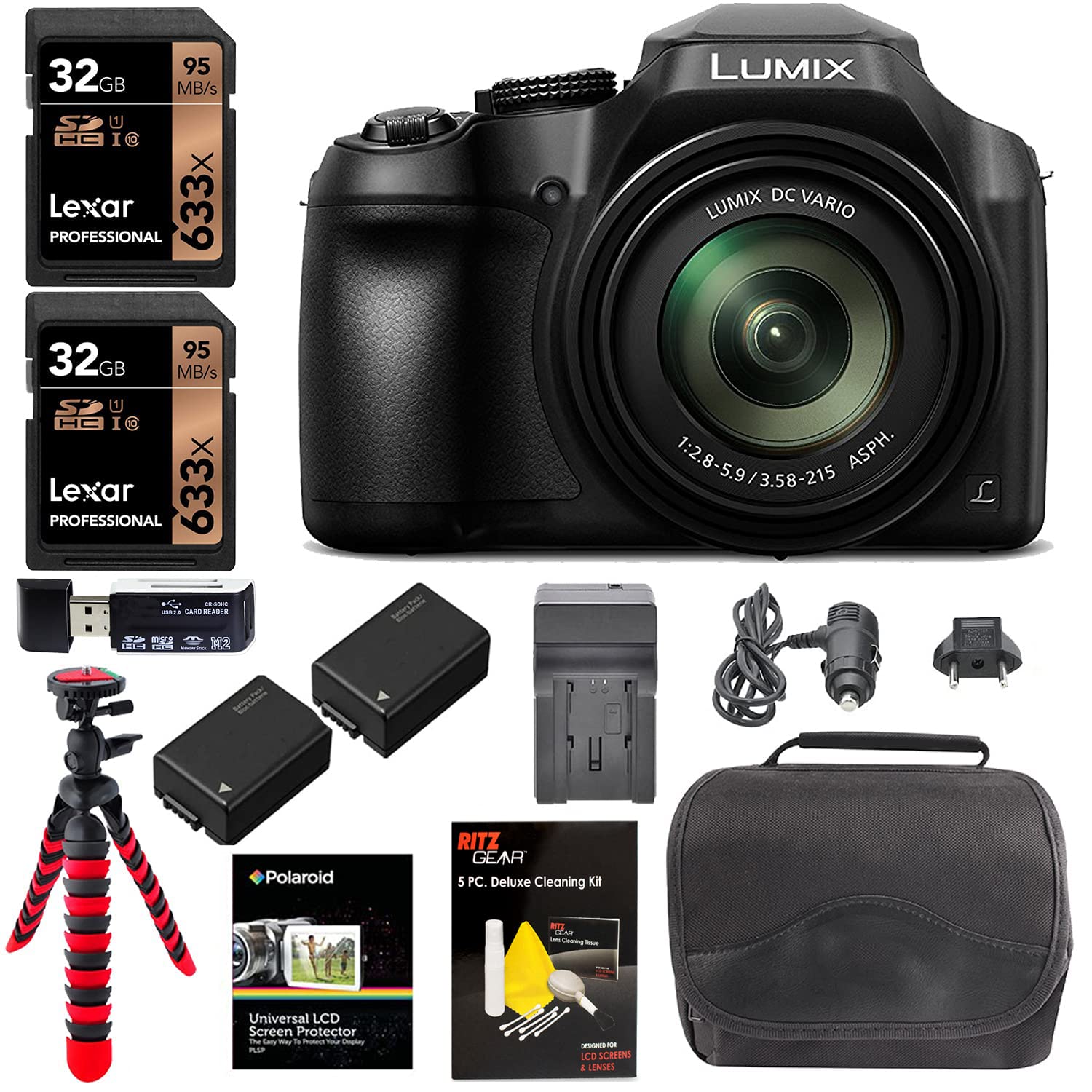 Panasonic Lumix DC-FZ80 Digital Camera, 32GB SDHC Memory Card, 2 Spare Batteries, DSLR Camera Bag, Ritz Gear Cleaning Kit, Tripod and Accessory Bundle