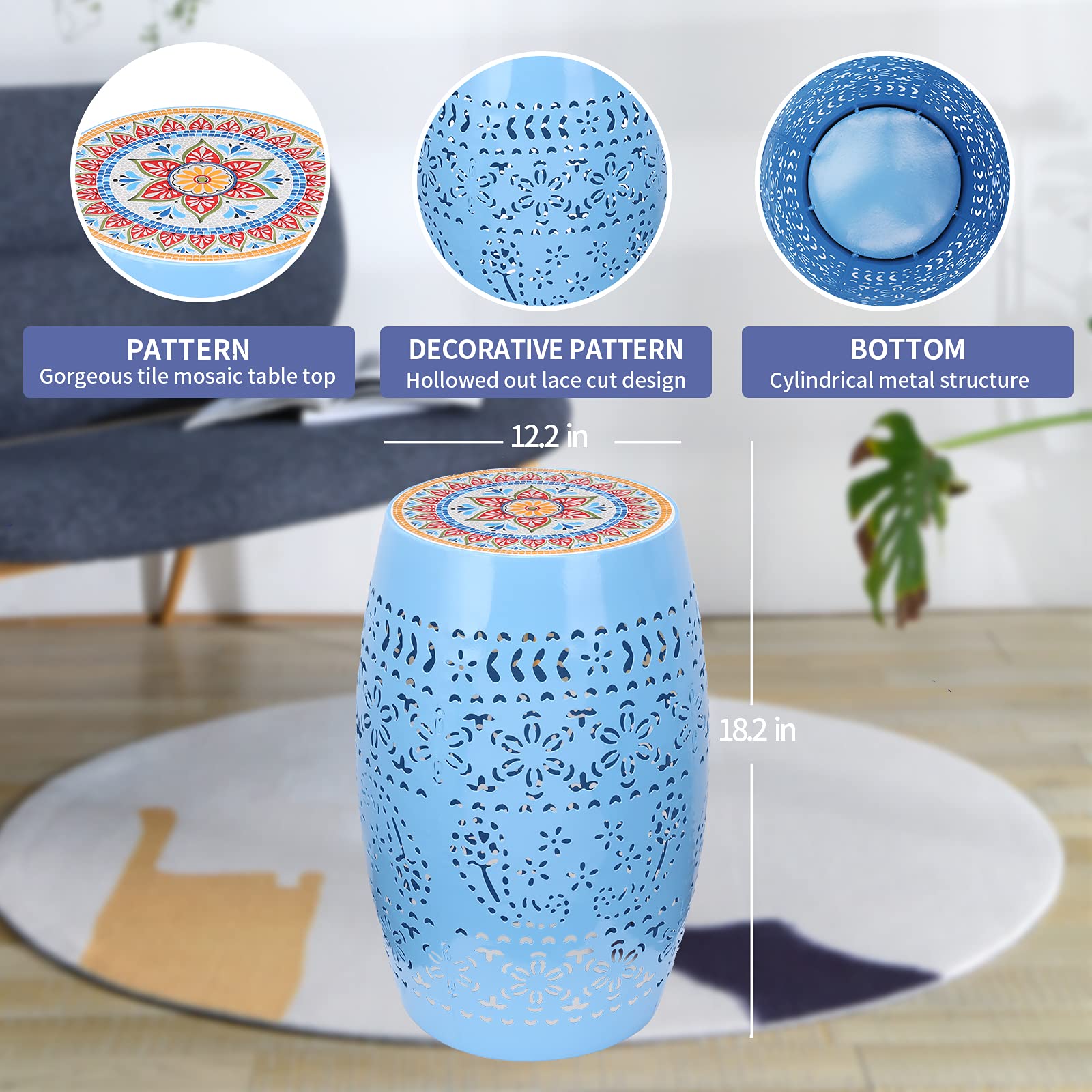 Patio Accent Table Outdoor Mosaic Side Table Metal End Table Lace Cut Outside SideTable with Tile Top Outdoor Coffee Table Garden Stool