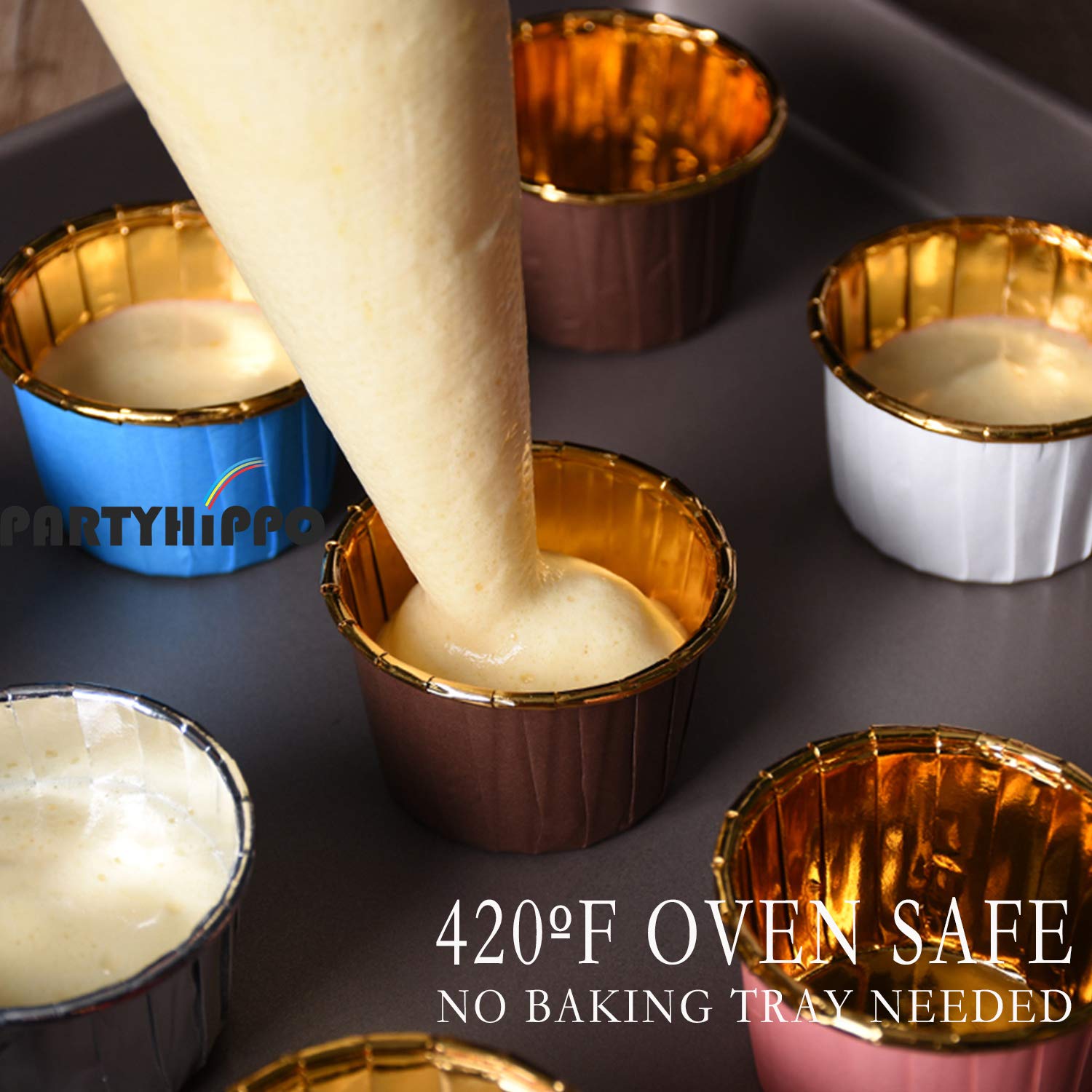 Party Hippo Cupcake Cups, 3.5 Oz 50 pcs Disposable Foil Muffin Liners, Gold Cupcake Baking Cups, Ramekin Aluminum Cupcake Tip Pan Ramekin Holders, Little Baking Cups (Blue)