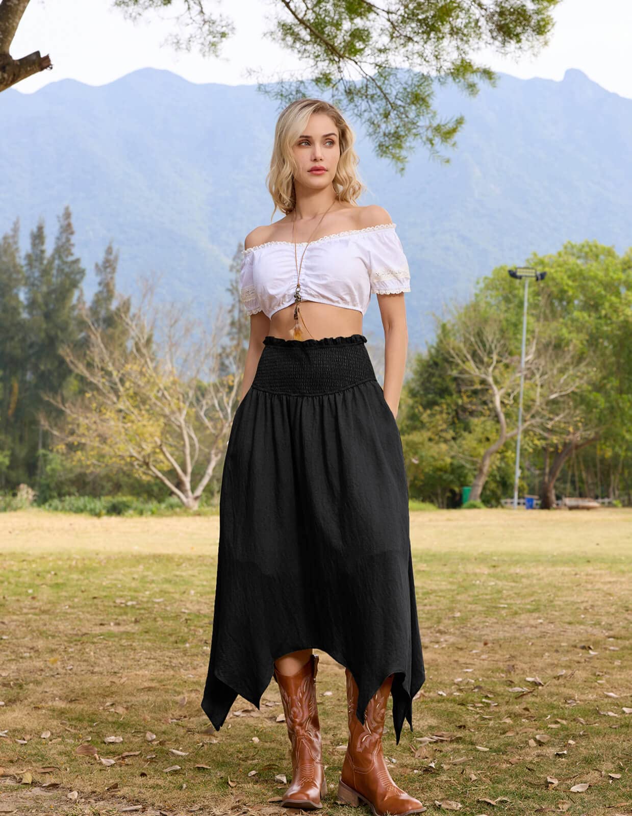 Women Handkerchief Hem Smocked Waist Maxi Skirt with Pockets Plus Size Black XXL