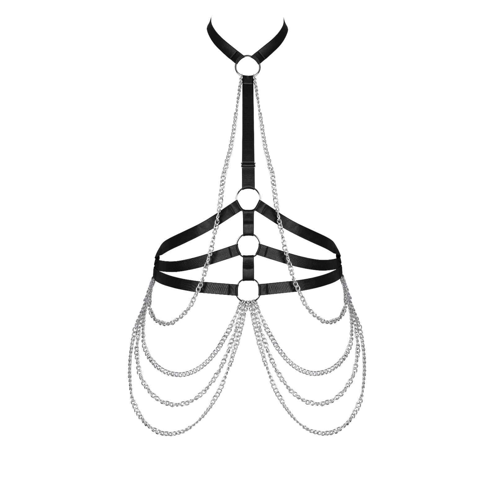 Women Plus Size Body Chain Full Body Hollow Out Harness Bra Punk Gothic Festival Rave Set (Black)