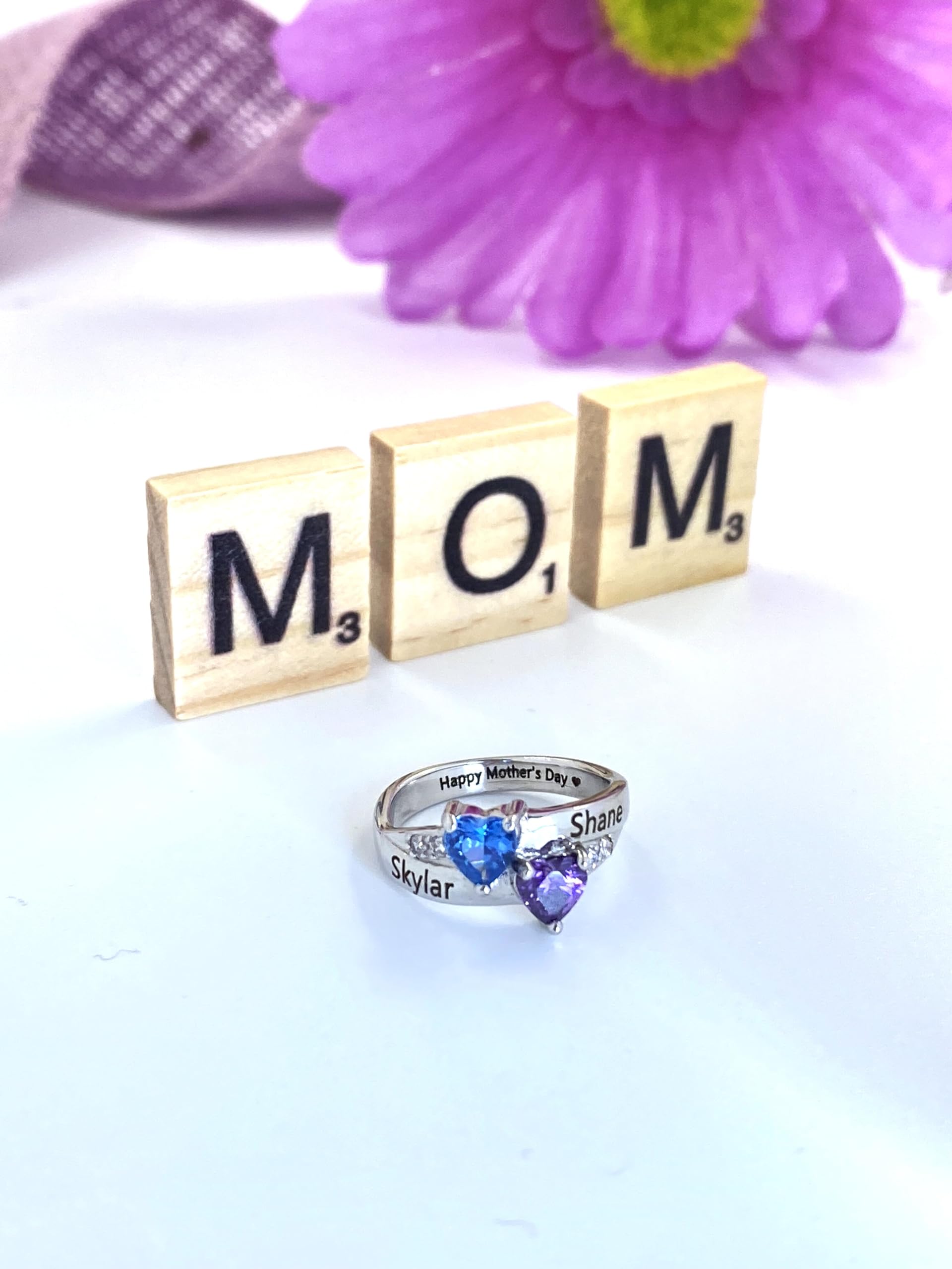 PaulaMax Jewelry Promise Rings for Her β Custom Engraved Birthstone Ring for Women in Sterling Silver or White Gold β Personalized 2 Heart Birthstones, Sizes 5-12