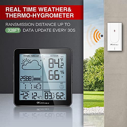 Wittime 2180 Weather Station with Atomic Clock Indoor Outdoor Thermometer Wireless Wireless Temperature and Humidity Monitor Inside Outside with Sensor Battery Powered