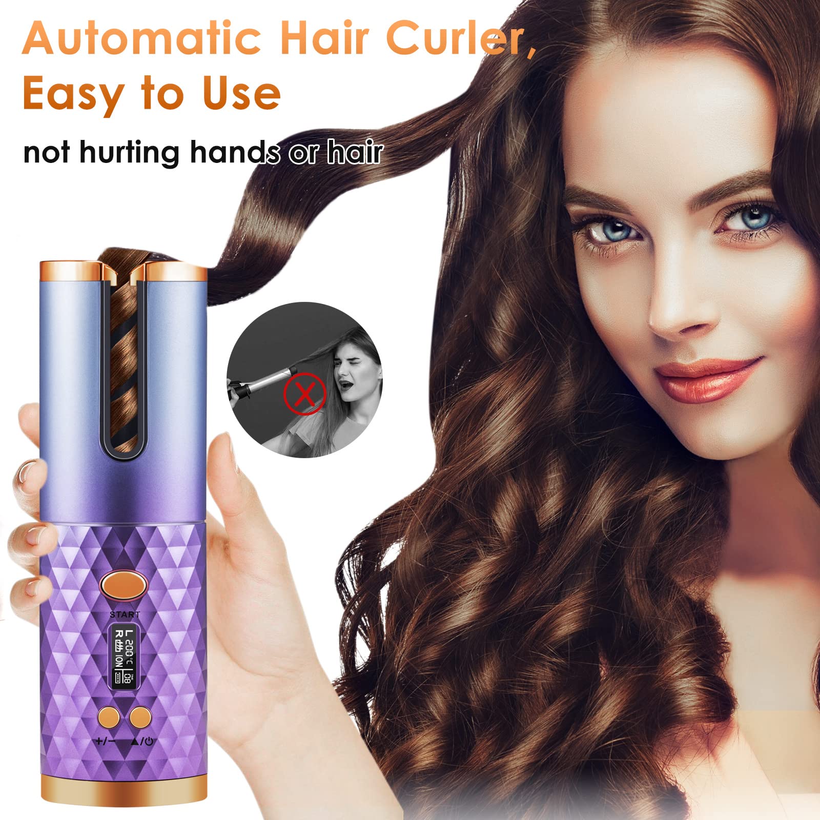 Paddsun Automatic Curling Iron, Cordless Auto Hair Curler, 6 Temp and Timer Portable and Rechargeable Curling Iron, Ceramic Rotating Hair Curler, Auto Shut Off, 18s Fast Heat