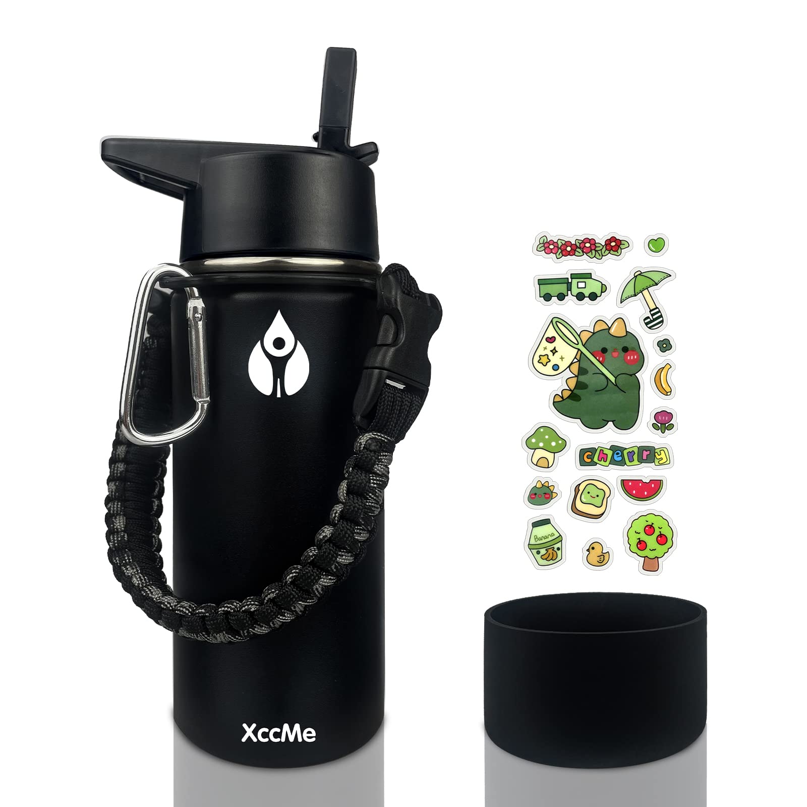 XccMe Kids Stainless Steel Water Bottle,16oz Kids water bottle for School,Insulated Kids Thermos with Straw Lid,Silicone Boot,16 Personalize Dinosaur Stickers and Paracord Handle(Red)