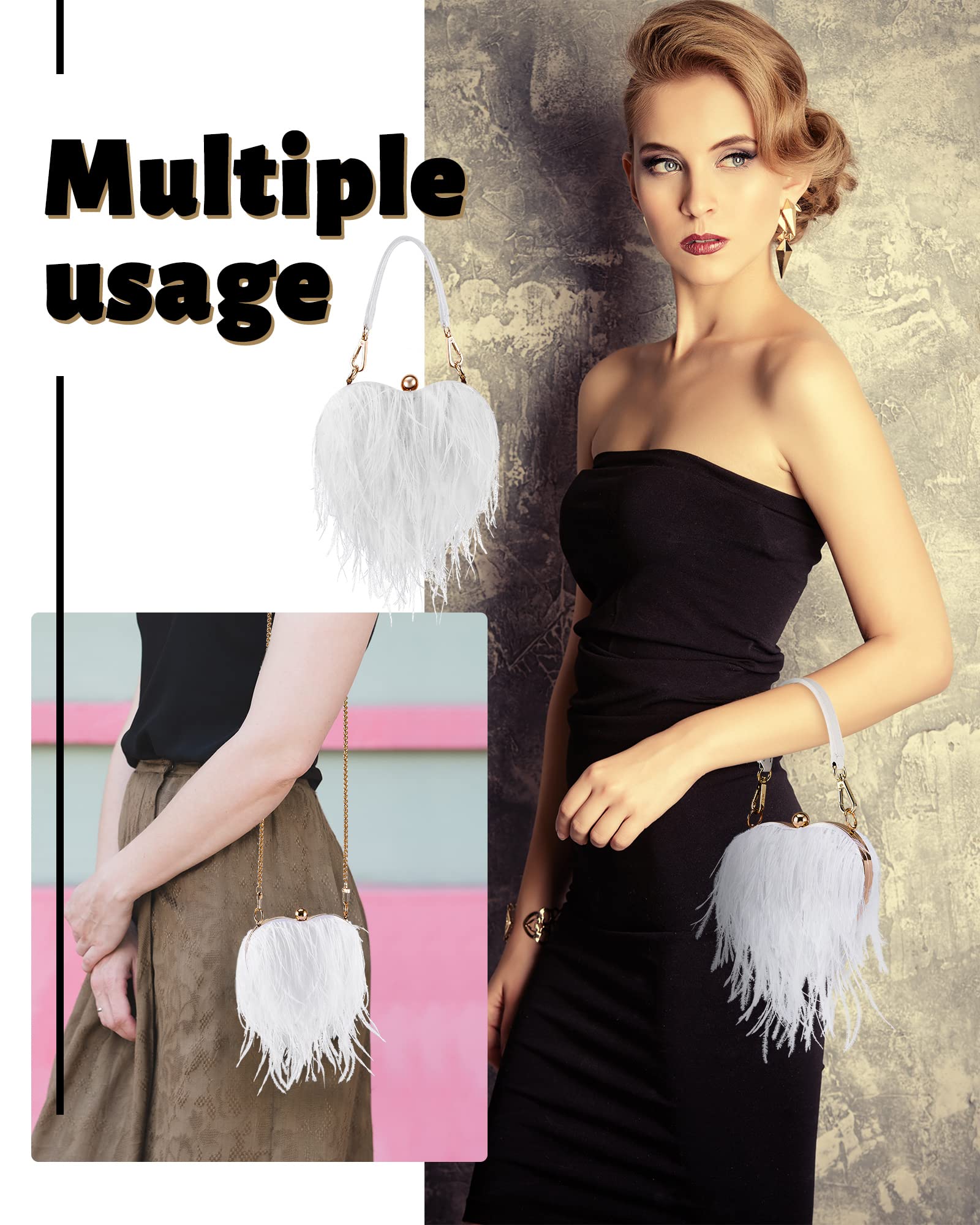 Women Ostrich Feather Tote Bag Heart Shaped Fluffy Purse Clutch Feather Purse Feather Evening Handbag for Wedding Party(White)