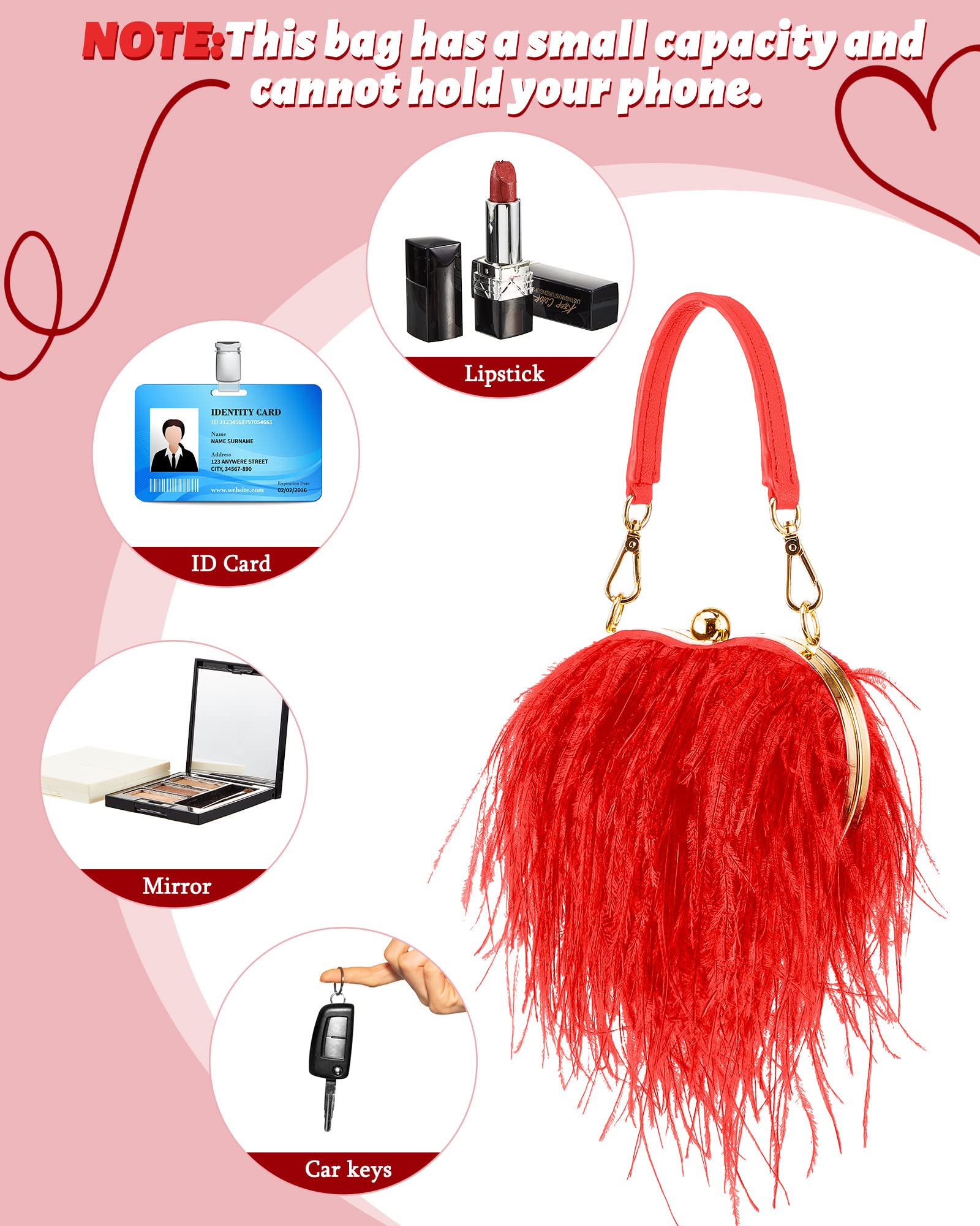 Women Ostrich Feather Tote Bag Heart Shaped Fluffy Purse Clutch Feather Purse Feather Evening Handbag for Wedding Party(Red)