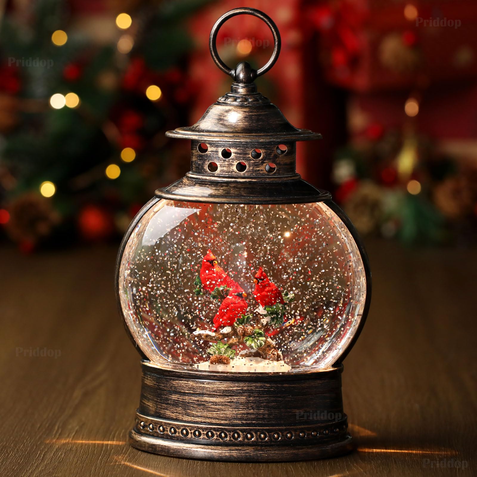 Priddop Cardinal Snow Globe 12 Inch Christmas Snow Globe Lantern with Timer & Music, USB & Battery Powered Christmas Decorations Indoor Cardinal Decor (2023 Upgraded Larger)