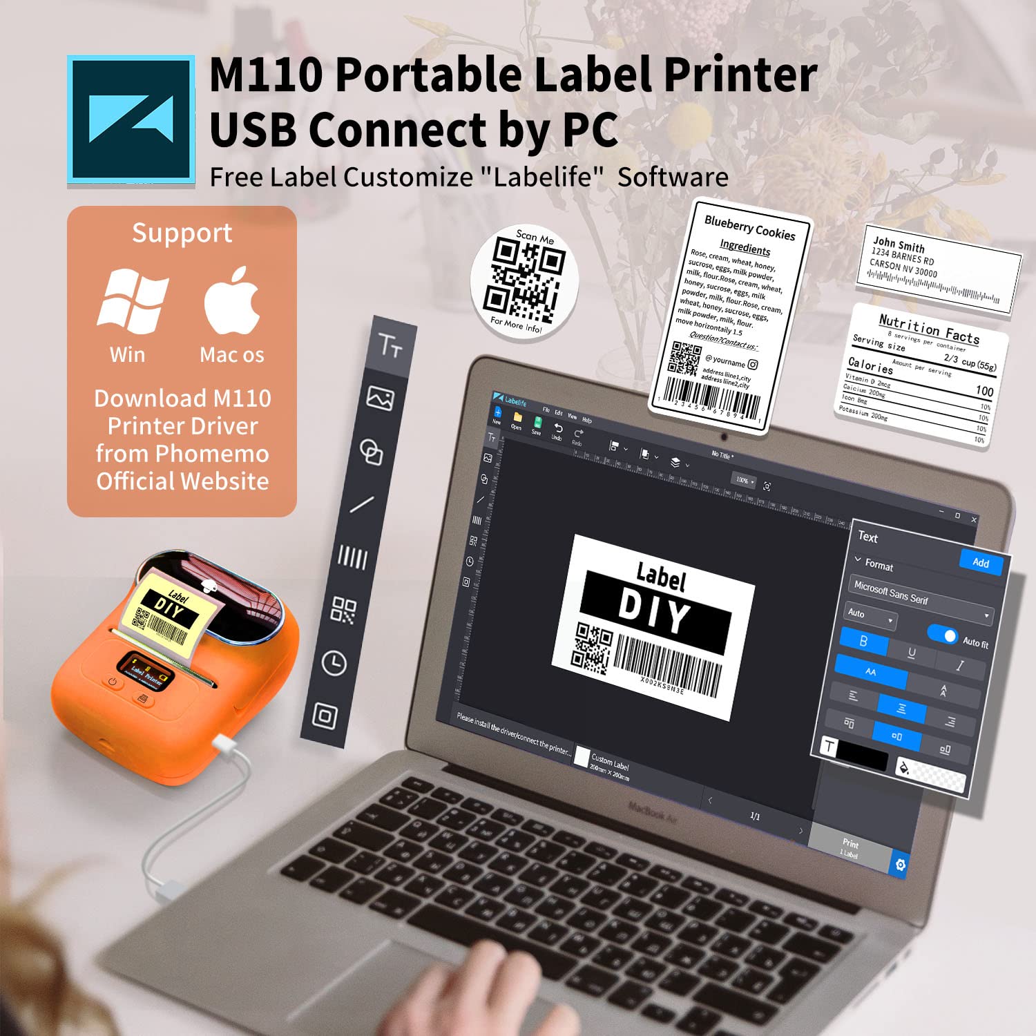 Phomemo M110 Label Makers, Mini Thermal Inkless Sticker Barcode Label Printer with Bluetooth for Address, File Folder Labels Use for Phone/Tablet/PC/Mac with 1 Roll Labels