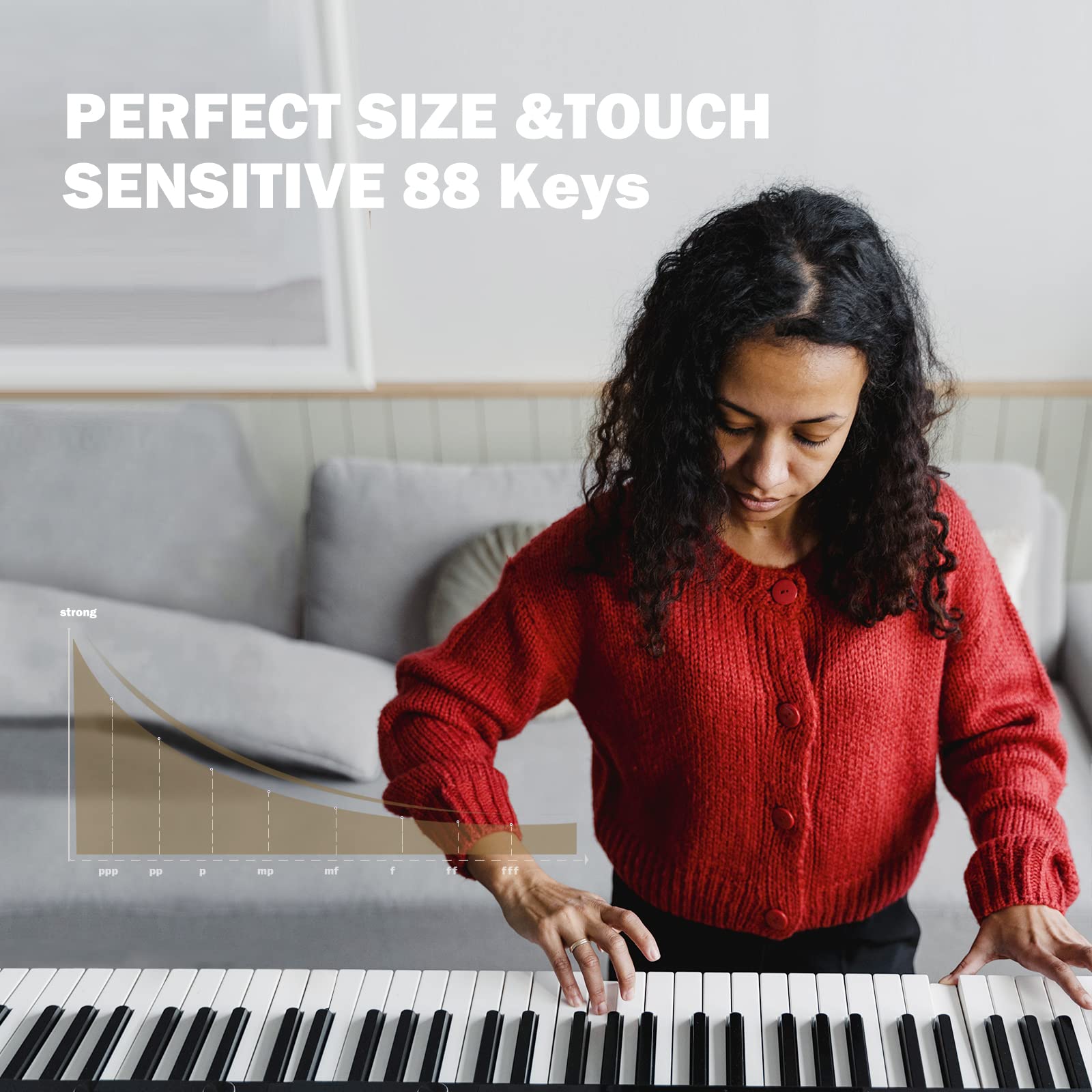 Upgrade Imitation Wood Texture Keyboard Grain Touch Sensitive 88 keys Keyboard with Bluetooth MIDI for Adult - Pearl White