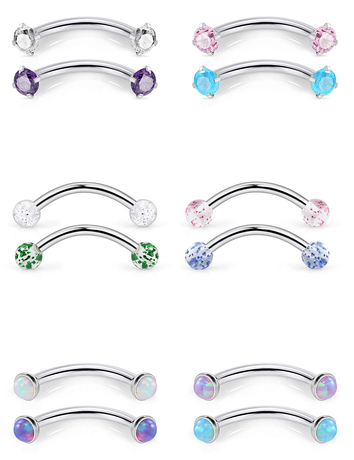 SCERRING 12PCS 16G Stainless Steel Eyebrow Piercing Jewelry Helix Daith Earrings Lip Septum Ring Stunds Opal Cubic Zirconia Barbell 8mm