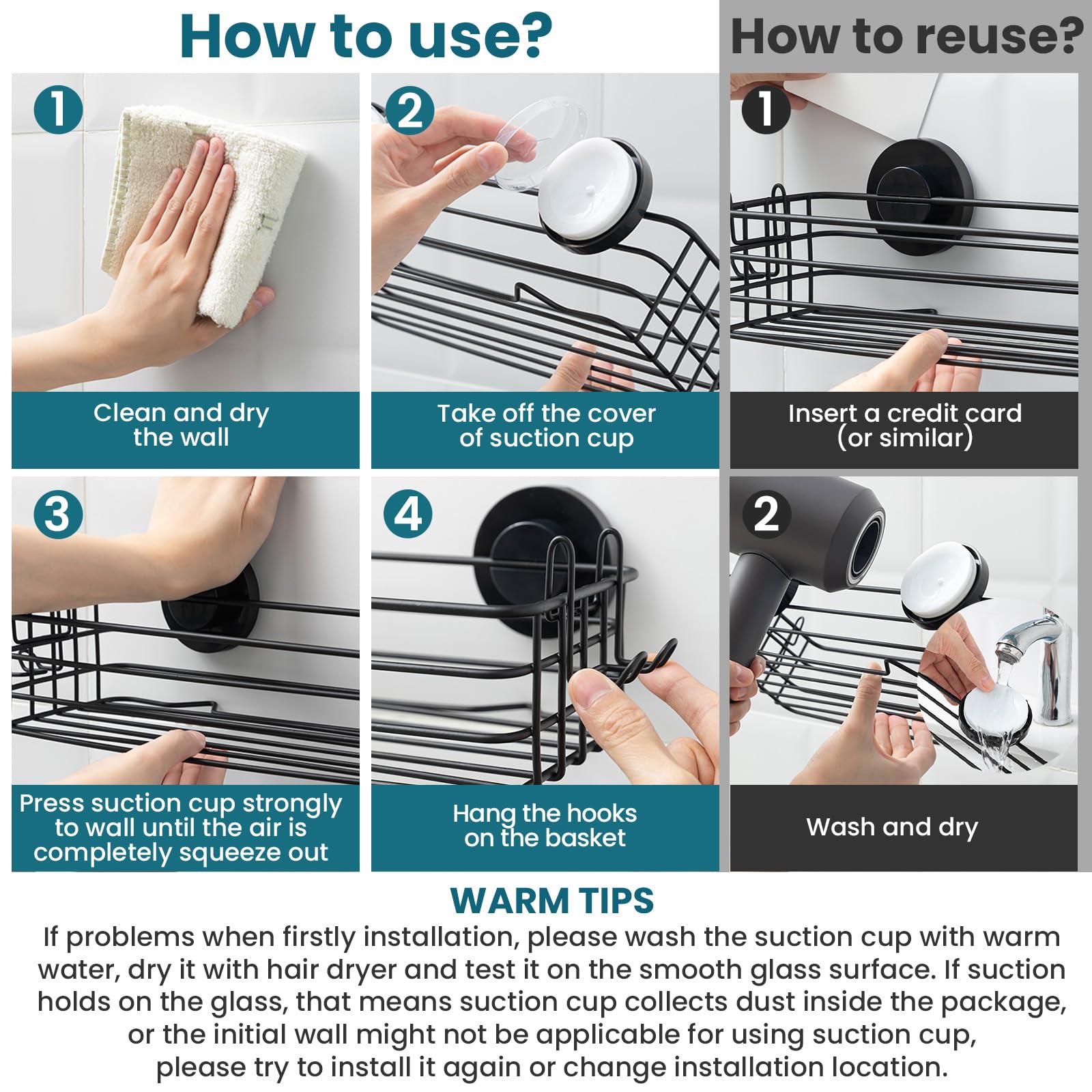 TAILI Shower Caddy Suction Cup 2 Pack with Hooks & Soap Holder, Heavy Duty Bathroom Shower Organizer, No Drilling Shower Shelves for Inside Shower, Stainless Steel Black Shower Holder Organizer