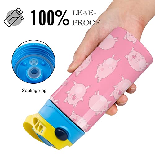 Thermos Cup 500Ml Cute Pigs Insulated Water Bottle With Straw For Sports And Travel 7.5x2.7 in