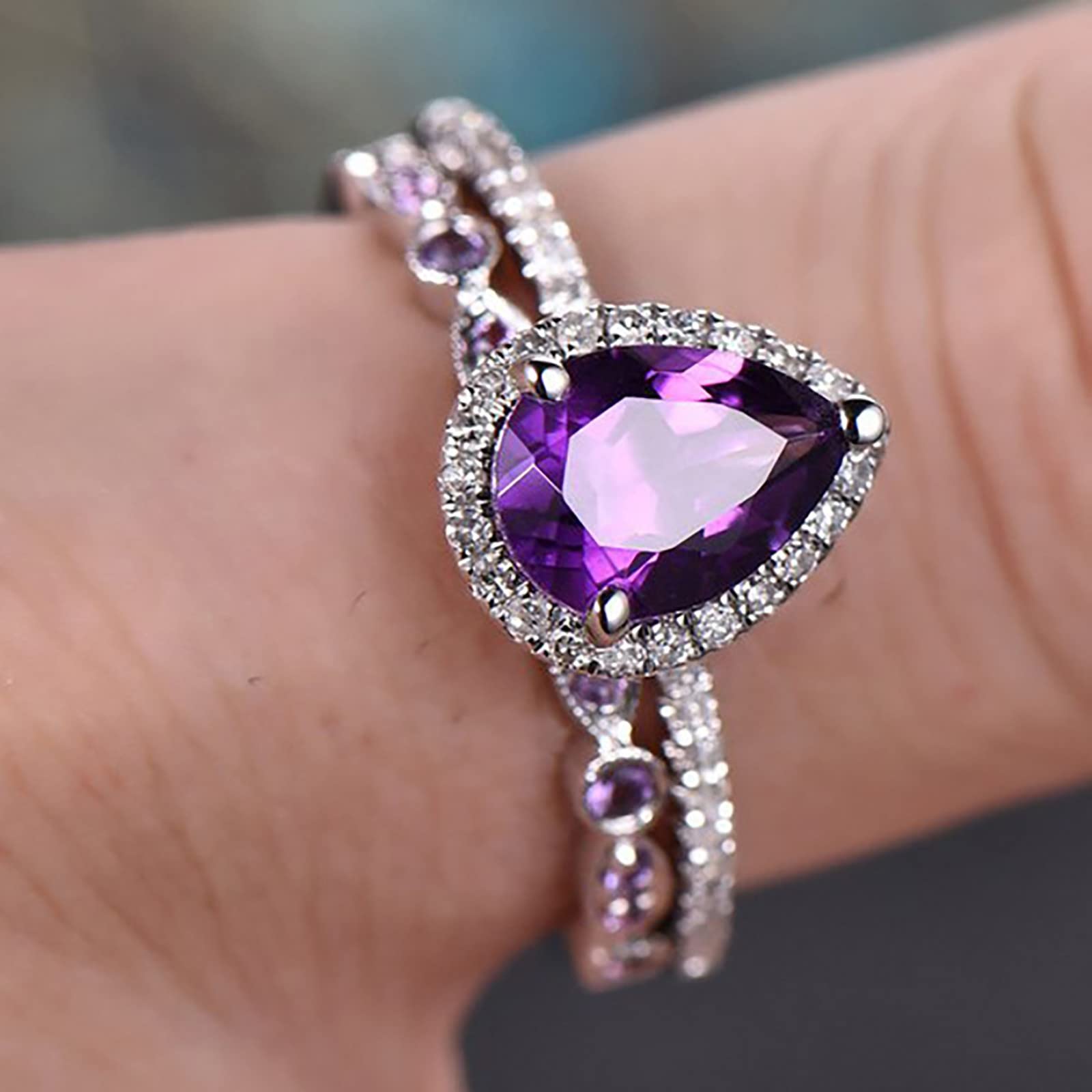 Women Shining Amethyst Ring 2 PCs Tear Drop Shape Cubic Zirconia Promise Rings Set Engagement Wedding Band Ring Sets