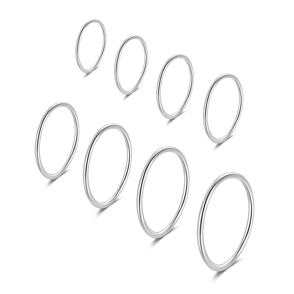 SILBERTALE 8pcs Thin Knuckle Rings for Women Sterling Silver Midi Stacking Ring Set Pinky Thumb Ring Wedding Band Comfort Fit Size 2.5-8.5