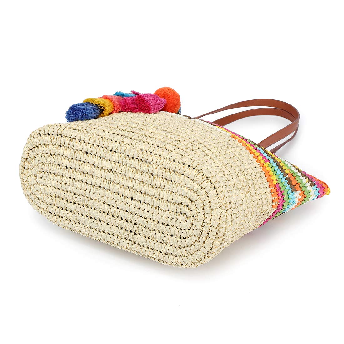 SkiPack Multi Color Summer Straw Zipper Tote Purse Large Beach Shoulder Bag with Pom Pom and Tassel (Beige)