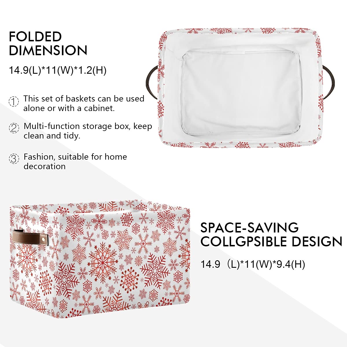 senya Christmas Basket, Large Foldable Storage Basket with Handles Christmas Snowflakes Fabric Collapsible Storage Bins Organizer Bag