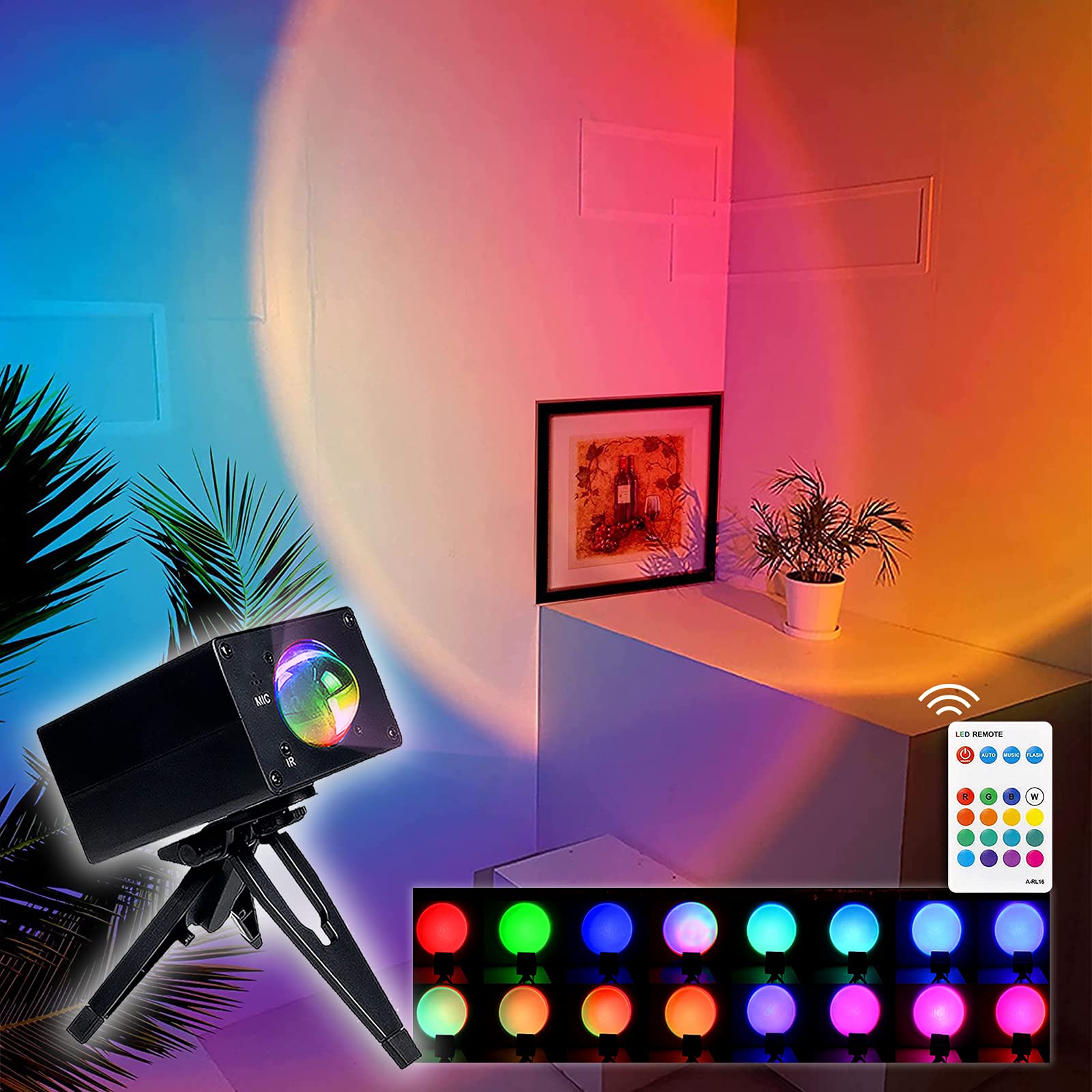Sunset Lamp Projection, Sunset Light Projector, 16 Colors Changing Night light Romantic Ambient Light, For Youtuber Video Vlog Photography Selfie, 360° Rainbow Ring Light for Home Bedroom Studio Decor