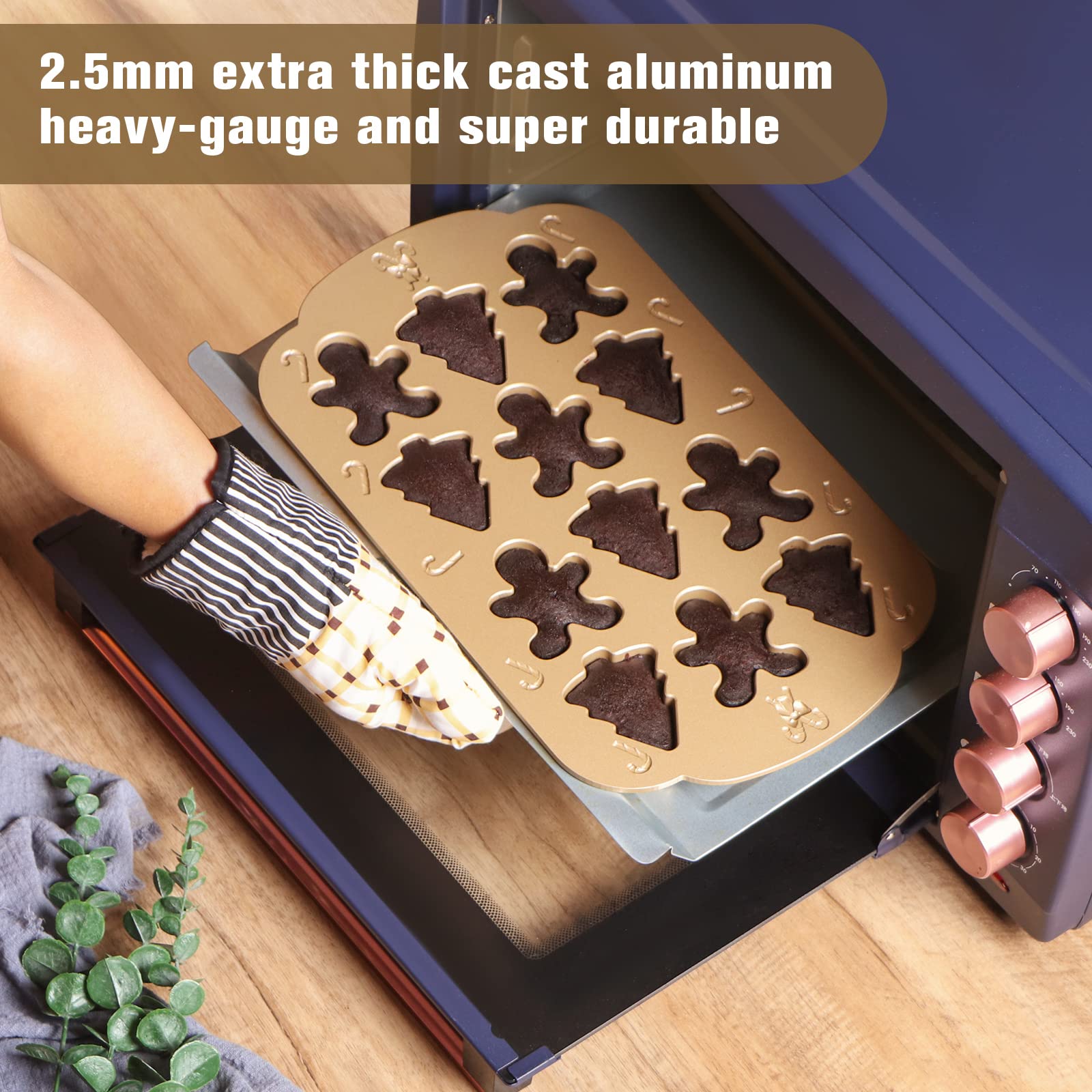 Wehome Gingerbread Cake Pan Cakelet Pan,Non-stick Cast Aluminum Muffin Pan,12-Cavity Snowman and Christmas Tree Gingerbread Baking Pan,Heavy-gauge Bakeware Pan