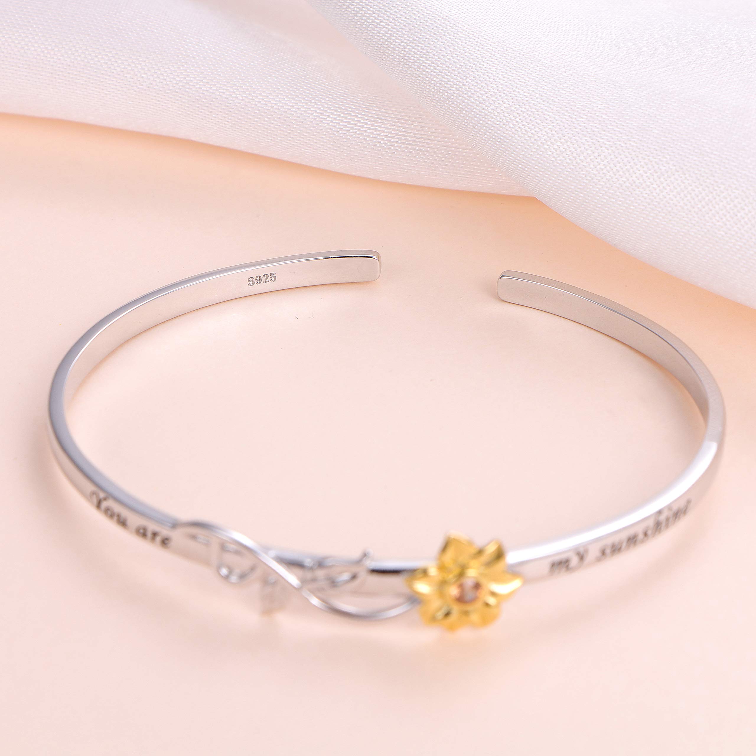 S925 Sterling Silver Sunflower with CZ Engraved You Are My Sunshine Bangle for Women 18" (Bangle)