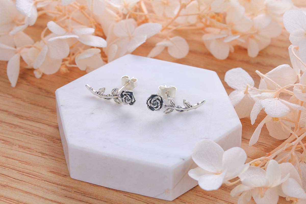 S925 Sterling Silver Rose Flower Clip Stud Ear Cuffs Crawler Climber Earrings for Women Teen