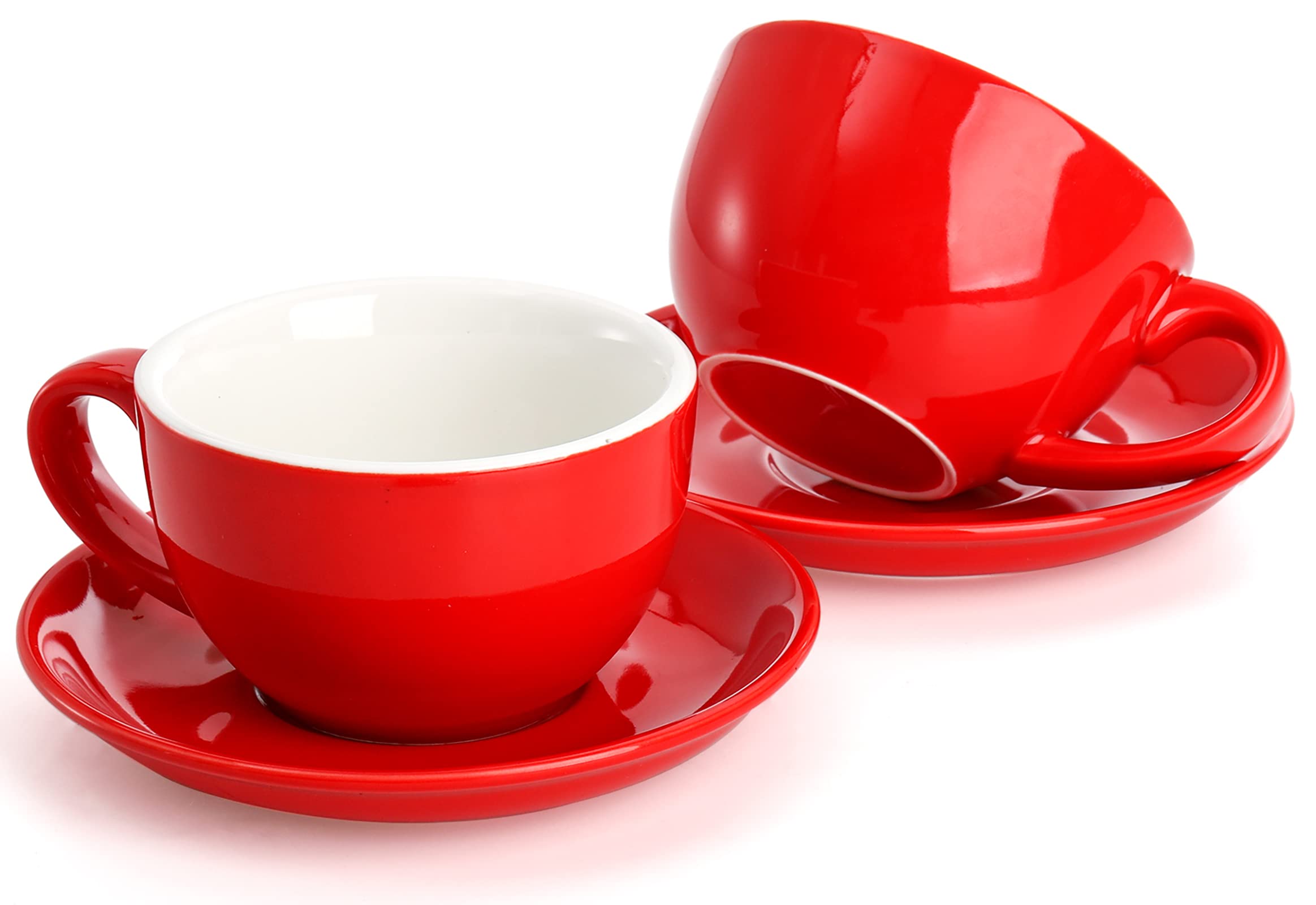 Yesland 2 Pack Ceramic Coffee Cup with Saucer, 8.5 oz Cappuccino Cup Latte Cup, Glossy Red Espresso Cups for Specialty Coffee Drinks, Latte, Cafe Mocha and Tea