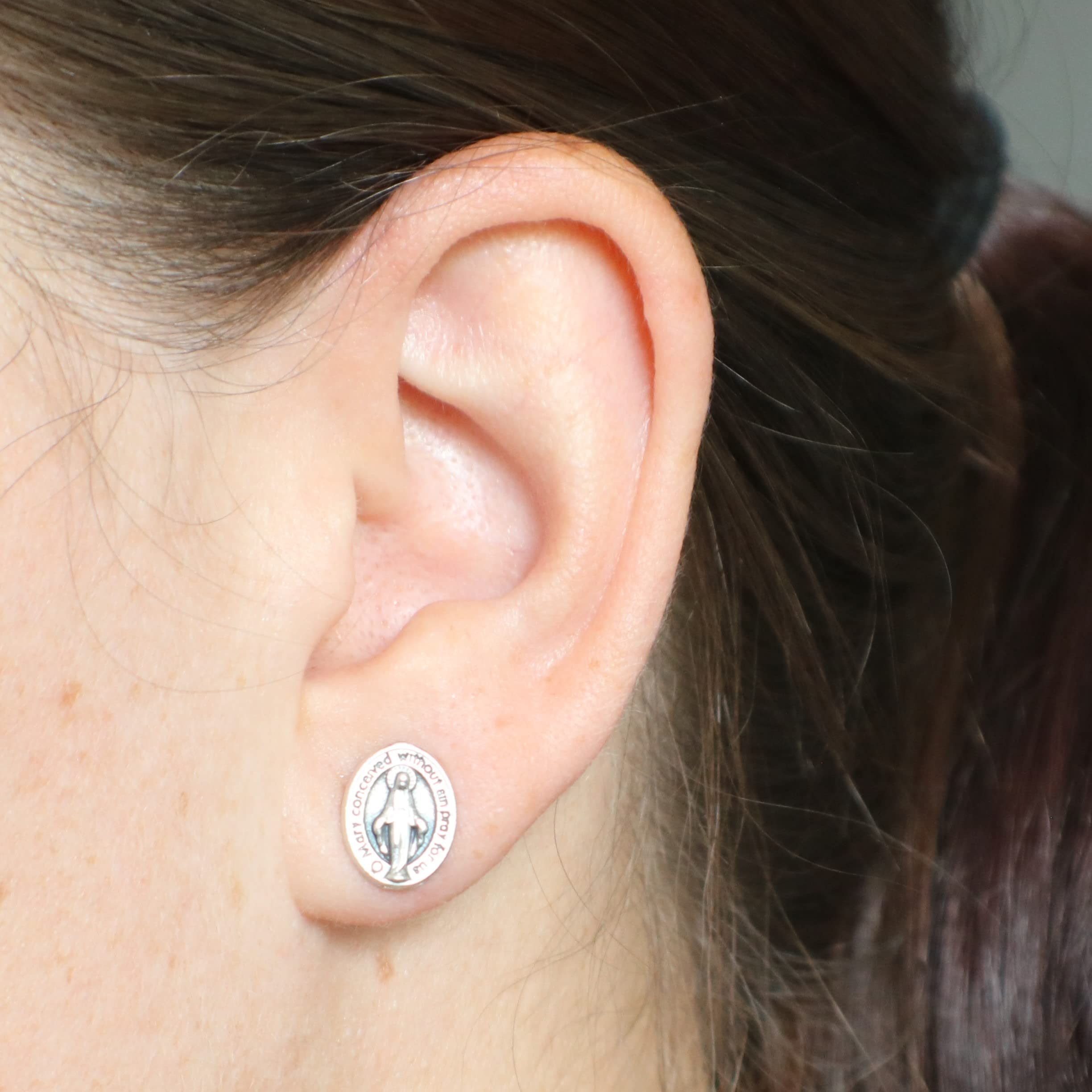 Women Stud Earrings 1/2" Miraculous Medal Catholic Mary Handmade