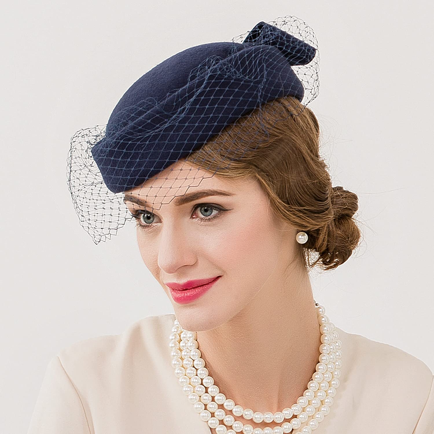 TS British Vintage Wool Felt Pillbox Hat with Veil Flower Fedoras Headpiece for Tea Party Wedding Church