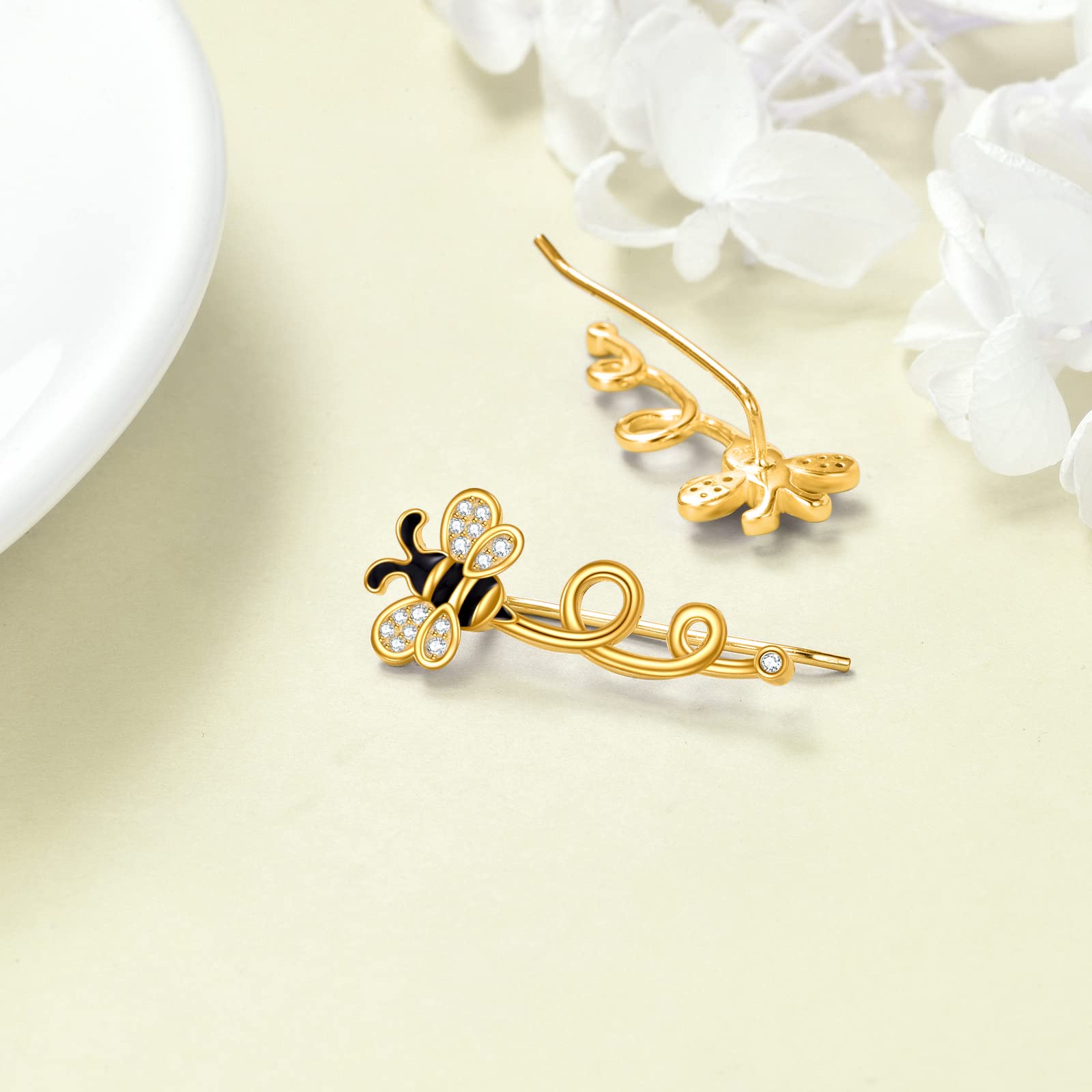 WTENIY Gold Plated Bumble Bee Earrings Jewelry for Women Sterling Silver Ear Climber Crawler Cuff Earrings