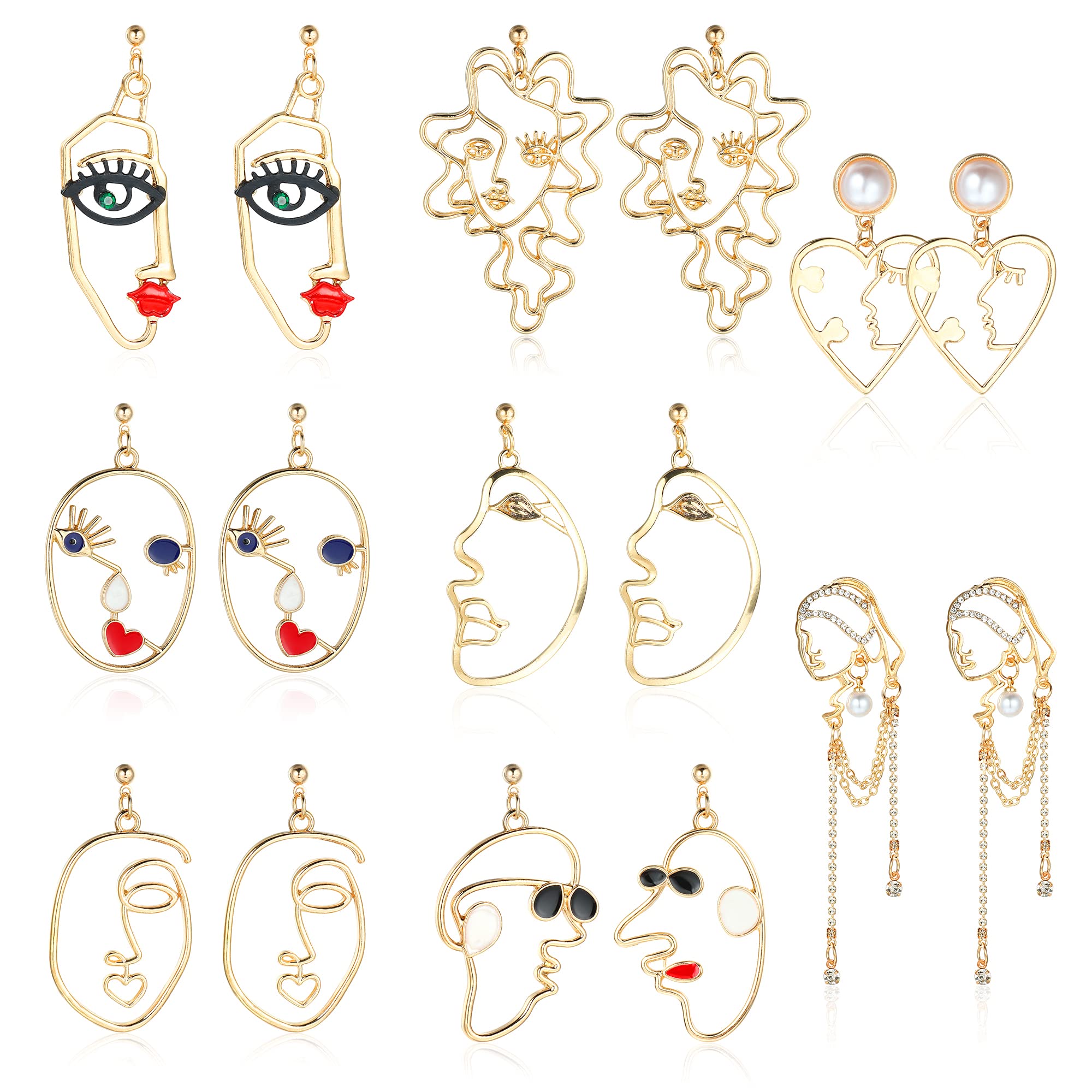 Subiceto 8Pairs Face Earrings for Women Hollow Statement Geometric Fun Abstract Art Earrings Gold Tone