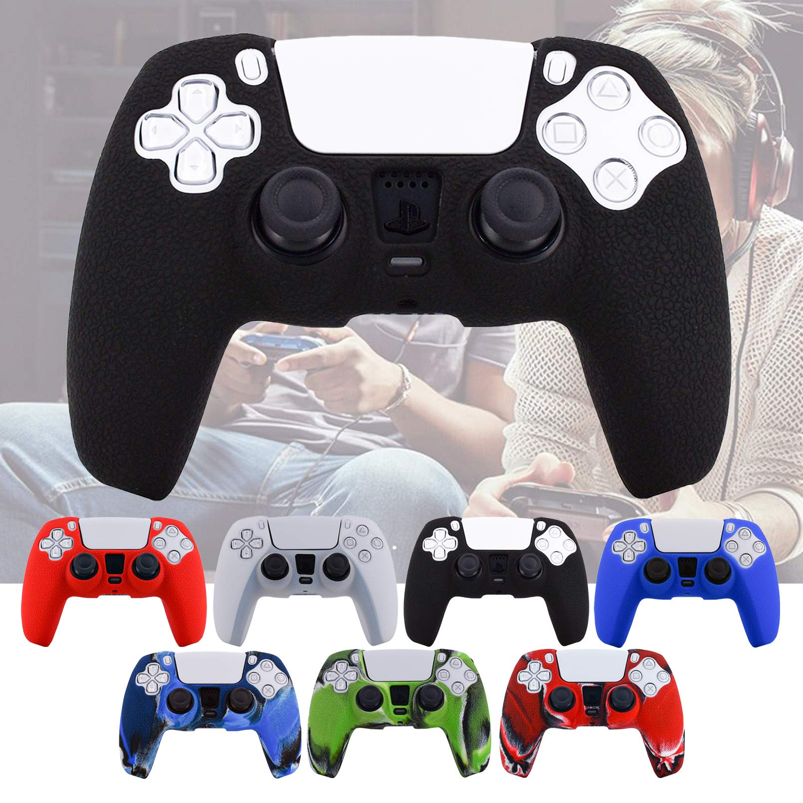 PS5 Controller Grip,Hikfly Silicone Skin for Sony PlayStation5 Controller Grip Cover Protector Faceplates Kits Video Games(1x CamoRed cover with 4 x Thumb Grips Caps)
