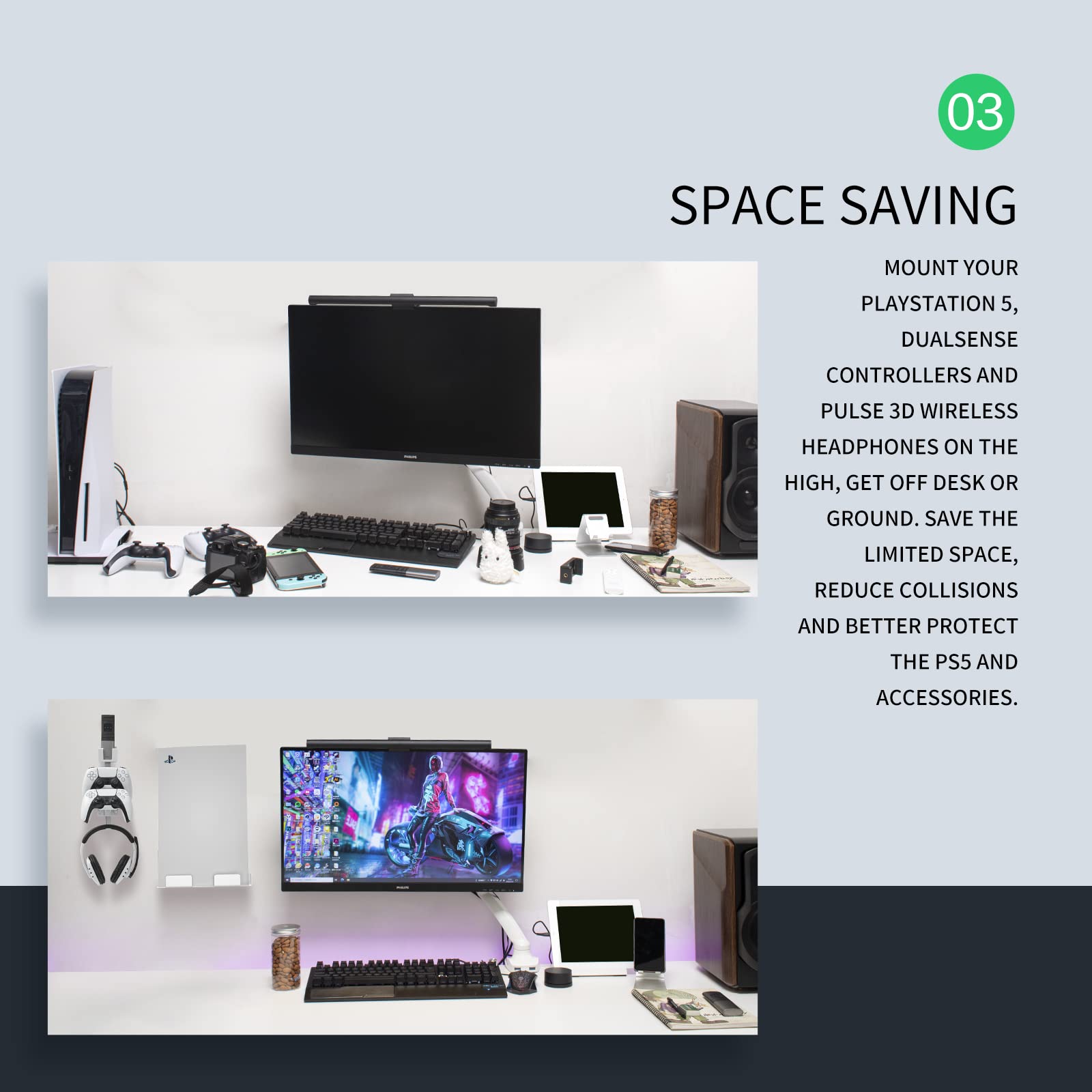 PS5 Wall Mount Kit, PS5 Wall Mount with Playstation 5 Controller Holder,Headphone hook and PS5 remote control storage box - PS5 Accessories Kit (NOT for PS5 Slim)