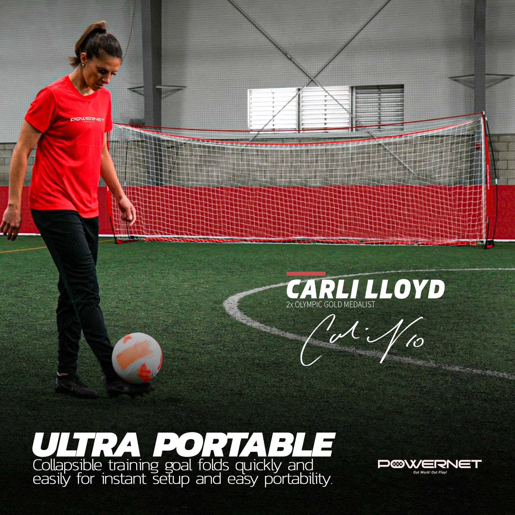 PowerNet Carli Lloyd Soccer Goal 24 x 8 | Regulation Goal Size | Portable Instant Net | Collapsible Metal Base | Quick Setup Easy Storage | 1 Goal+1 Wheeled Carrying Bag | Full Size