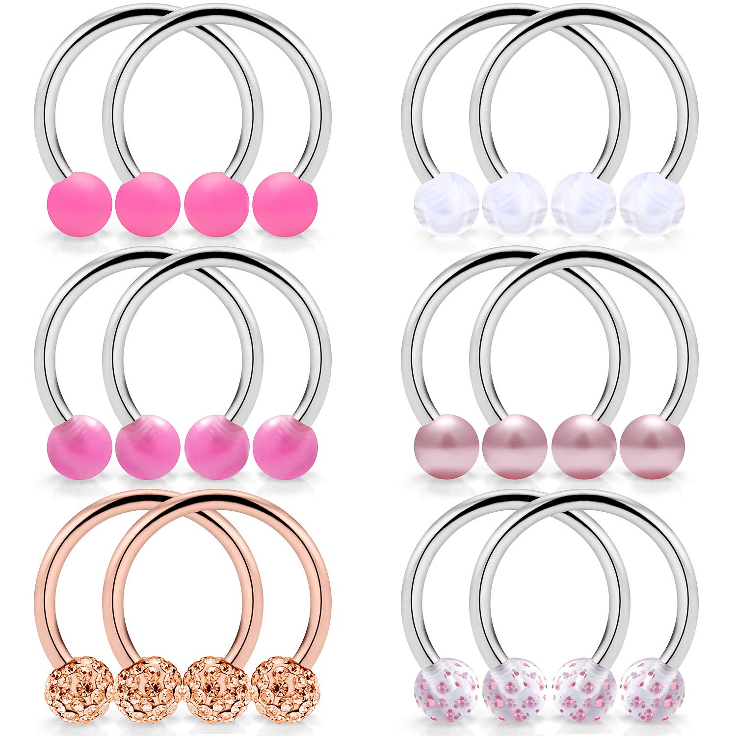 SCERRING 6 Pairs 14G Stainless Steel Horseshoe Nipple Rings Hoop Cartilage Earrings Nipplerings Piercing Jewelry for Women Men 16mm Rose Gold