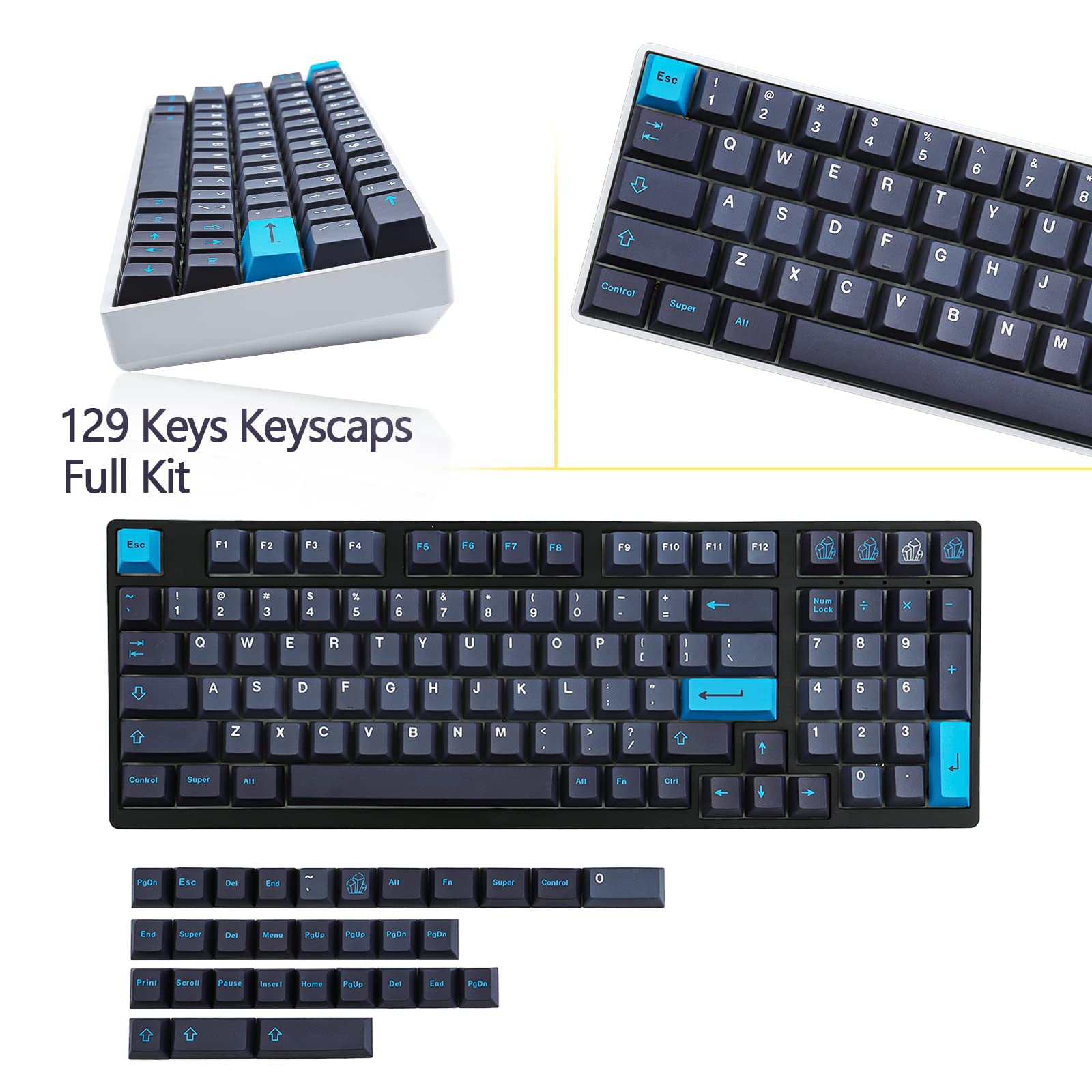 Terukir Wunzkii PBT Keycaps 129 Keys Cherry Profile DYE-Sub Keycaps Grey Keycaps with Key Puller for 61/64/68/75/84/87/96/98/104/108 Cherry MX Switch Mechanical Keyboards
