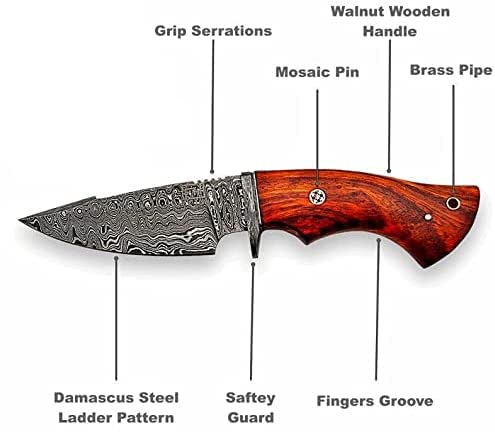 The Blade Point Damascus Hunting Fixed Blade Knife – 10.7” EDC Custom Handmade Knives, Bushcraft Outdoor Survival Camping Bowie Knife, Walnut Wood Handle with Leather Sheath