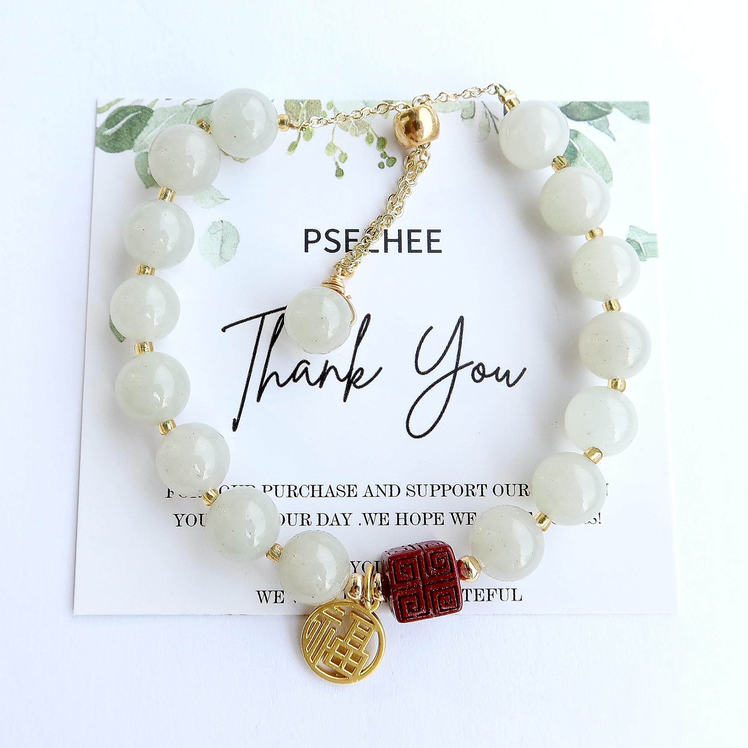 PSEEHEE Handmade Genuine Jade Lucky Fu Charm Bracelet, Feng-shui Stone Chakra Healing Gemstone Crystal Beads Adjustable Bangle Cuff Jewelry Gift for Men Women