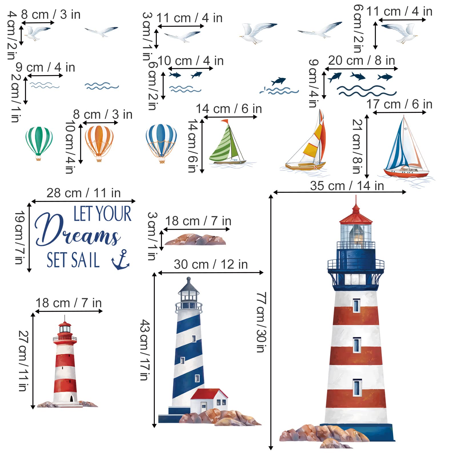 wondever Nautical Lighthouse Wall Stickers Sailboat Seagull Peel and Stick Wall Art Decals for Kids Bedroom Baby Nursery Living Room