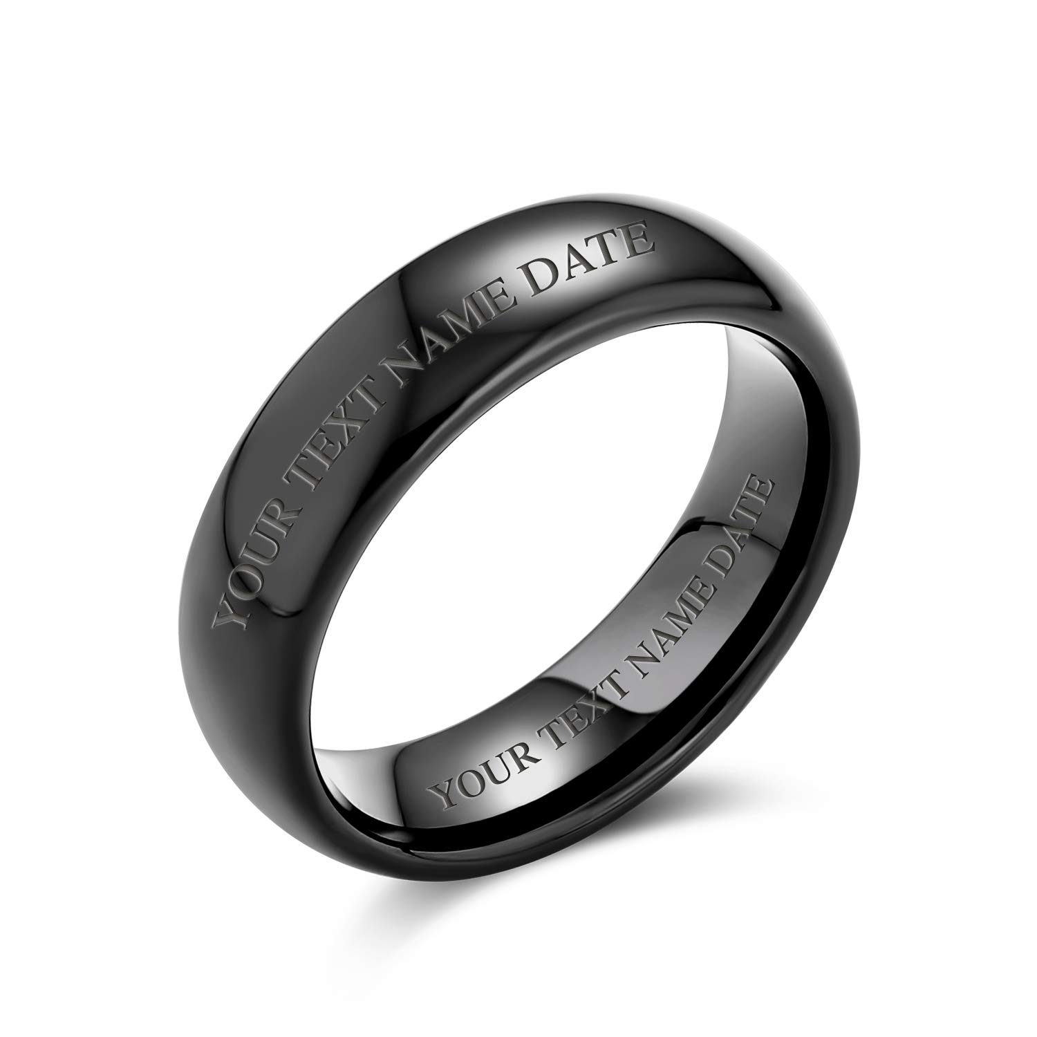 Personalized Simple Dome Black Couples Titanium Wedding Band Ring For Men For Women Comfort Fit 6MM Custom Engraved