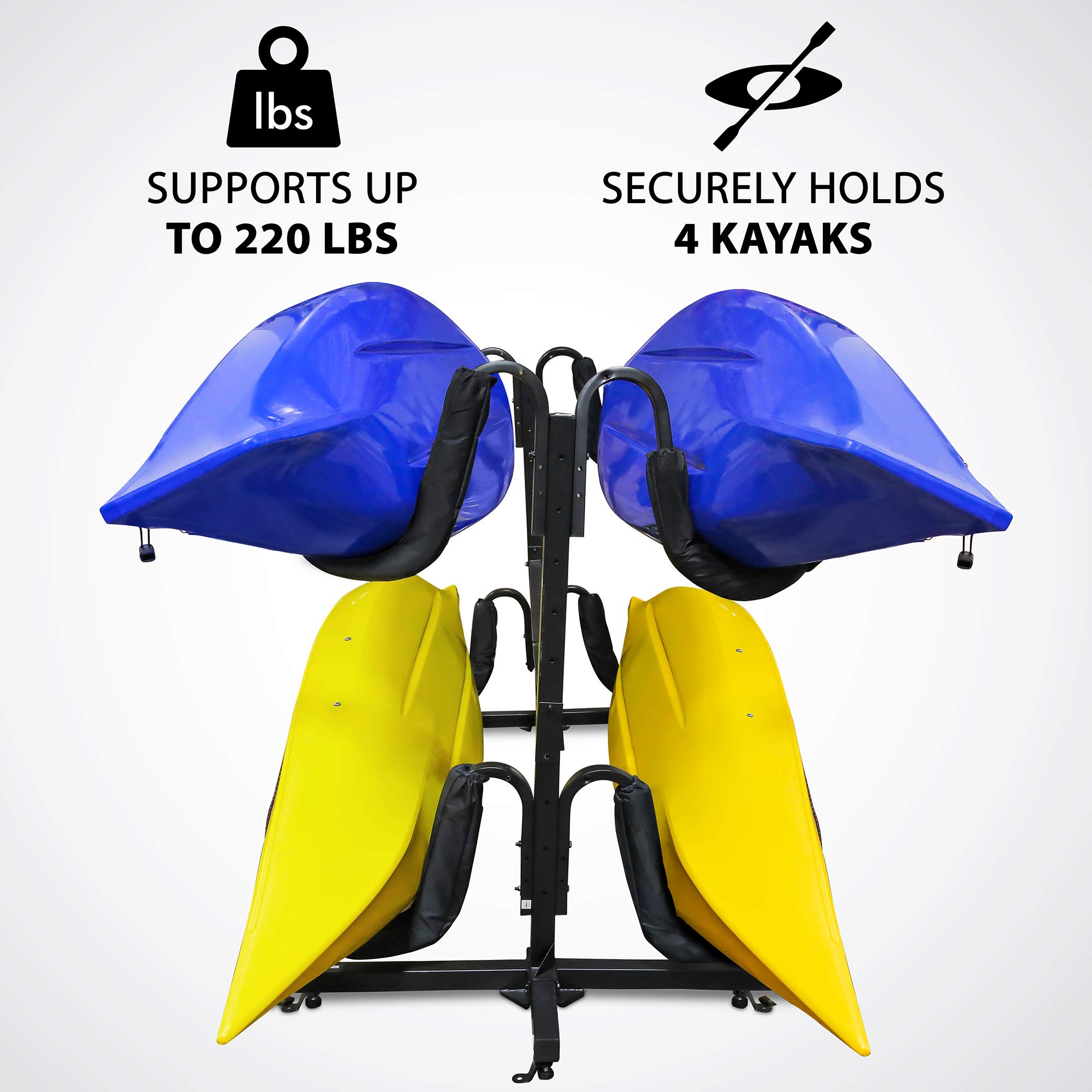 RaxGo Freestanding kayak Rack for 4, Heavy Duty Floor Storage Holder for Four-Kayak, SUP, Canoe & Paddleboard for Indoor, Outdoor, Garage, Shed, or Dock, Adjustable Height
