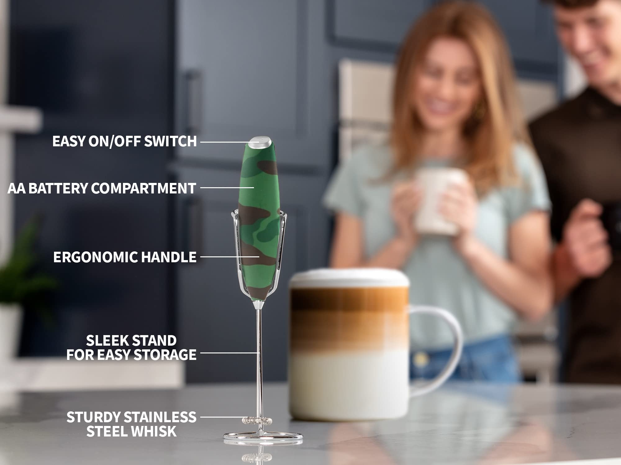 PRO MILK FROTHER WAND - ULTRA HIGH SPEED HANDHELD FROTHER - UPGRADED STAND - Powerful Handheld Mixer with Infinite Uses - Super Instant Electric Foam Maker with Stainless Steel Whisk (Camo)