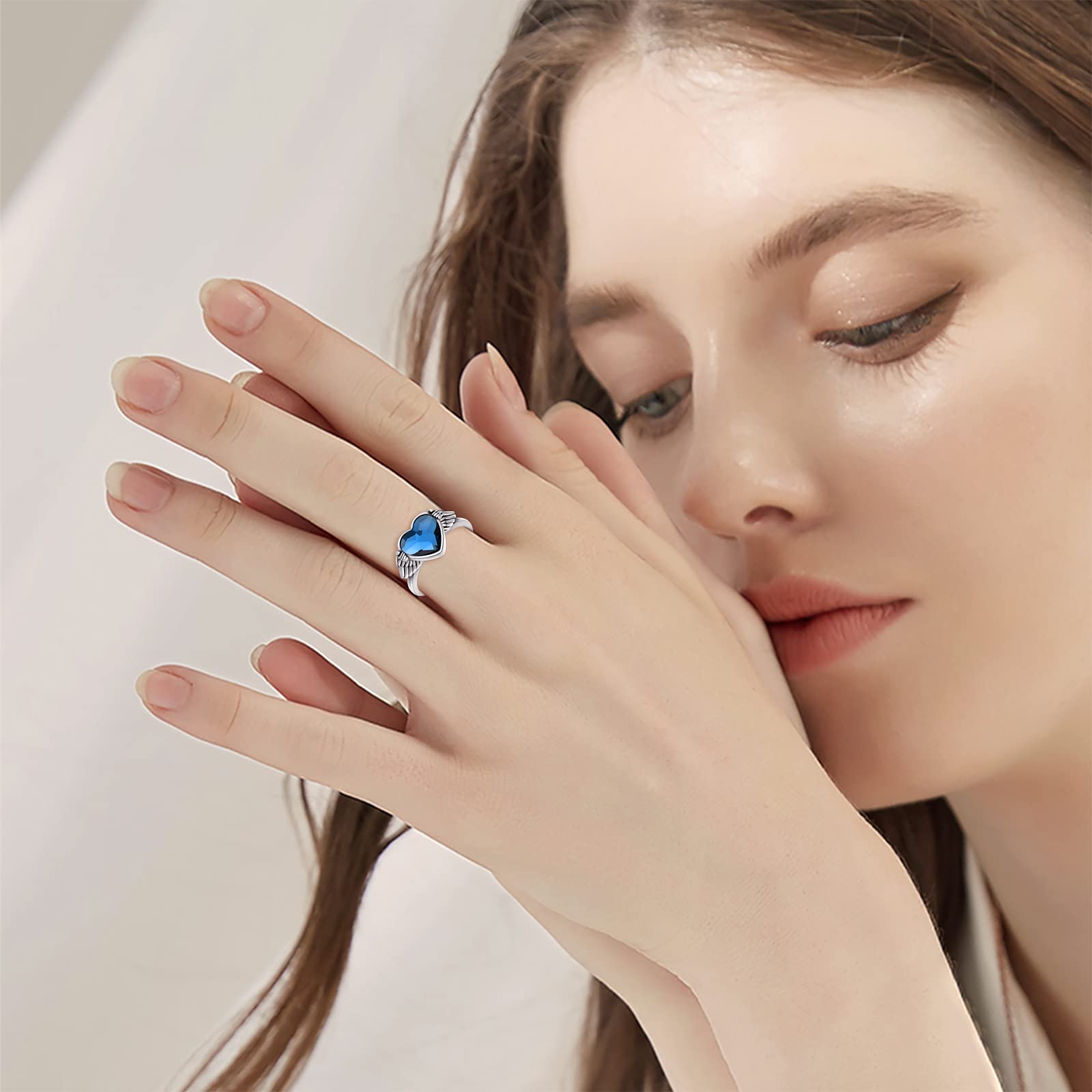 Urn Ring for Ashes Sterling Silver Hold You in My Heart Angel Wings with Heart Cremation Memorial Keepsake Jewelry with Blue Heart Crystal, US Size 7