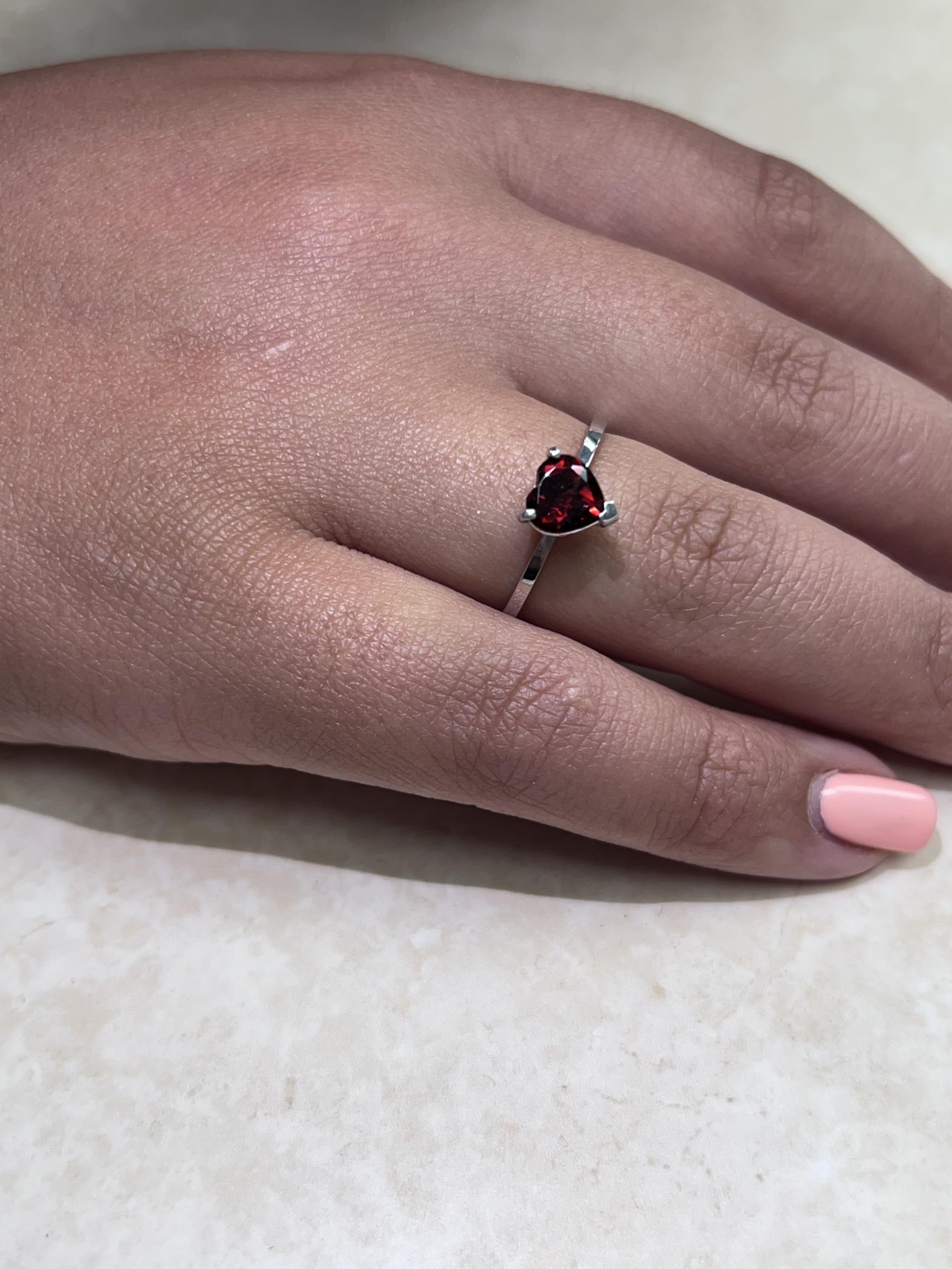 Takar Solid Sterling Silver Solitaire Heart-Shaped Genuine Garnet Ring, Engagement Wedding Band Ring Jewelry for Woman, Made in USA.(Size 10)